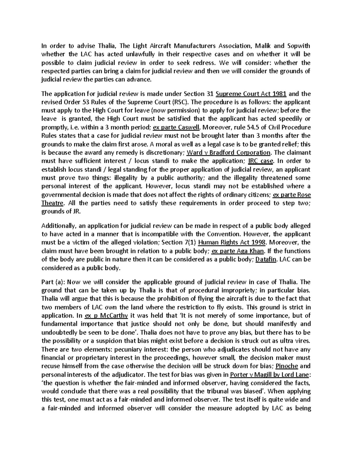 Judicial Review Sample 2019 (A) - In order to advise Thalia, The Light ...