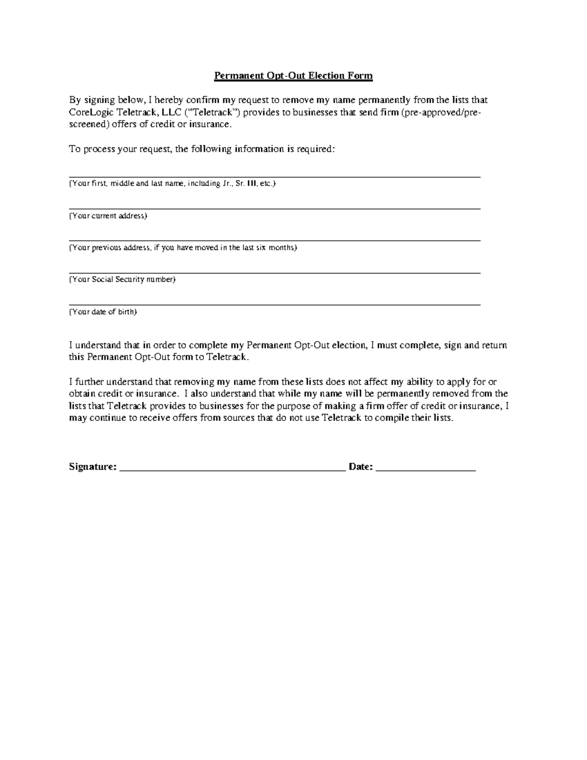 Teletrack out opt form - ok that's fine - Permanent Opt-Out Election ...