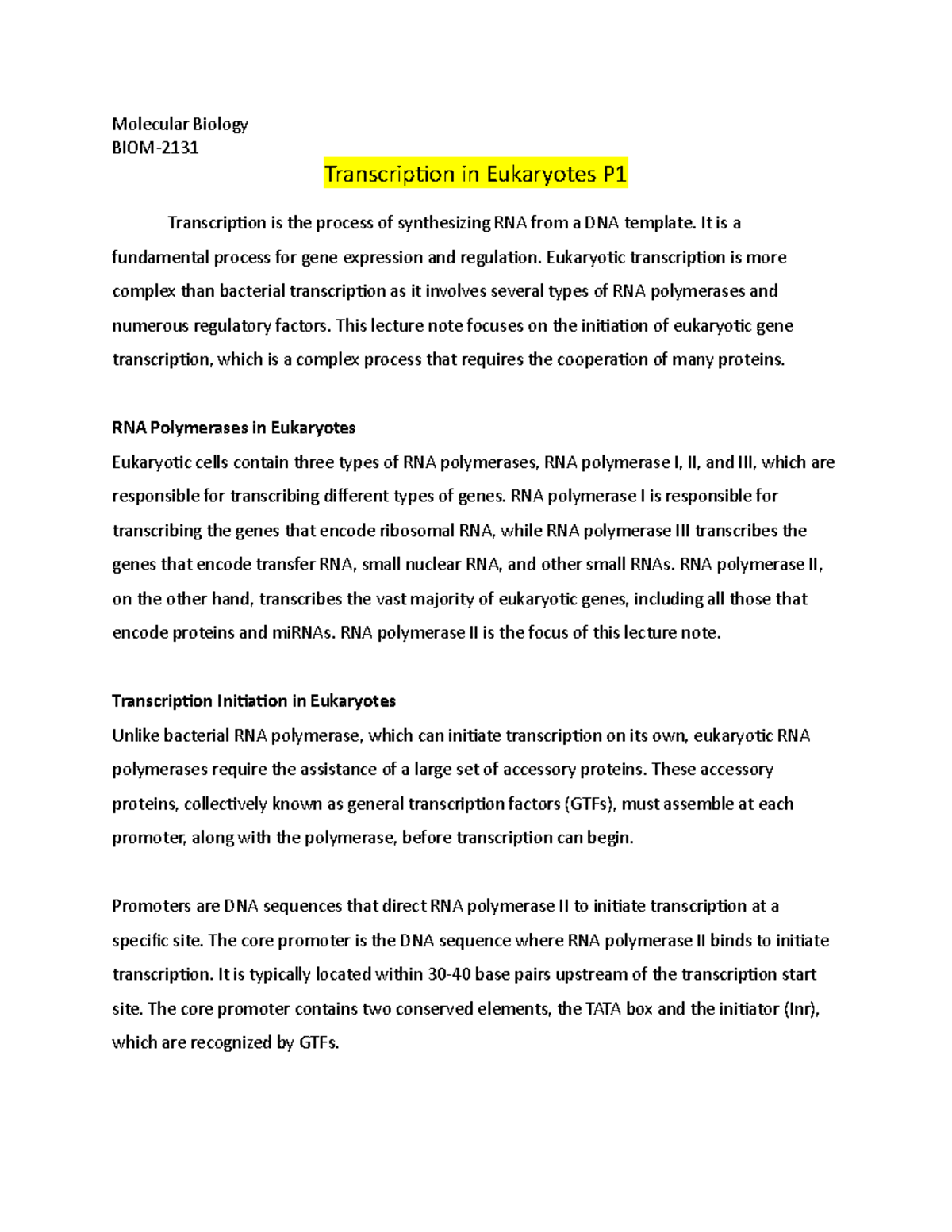 Molecular Biology Transcription in Eukaryotes P1 - Molecular Biology ...