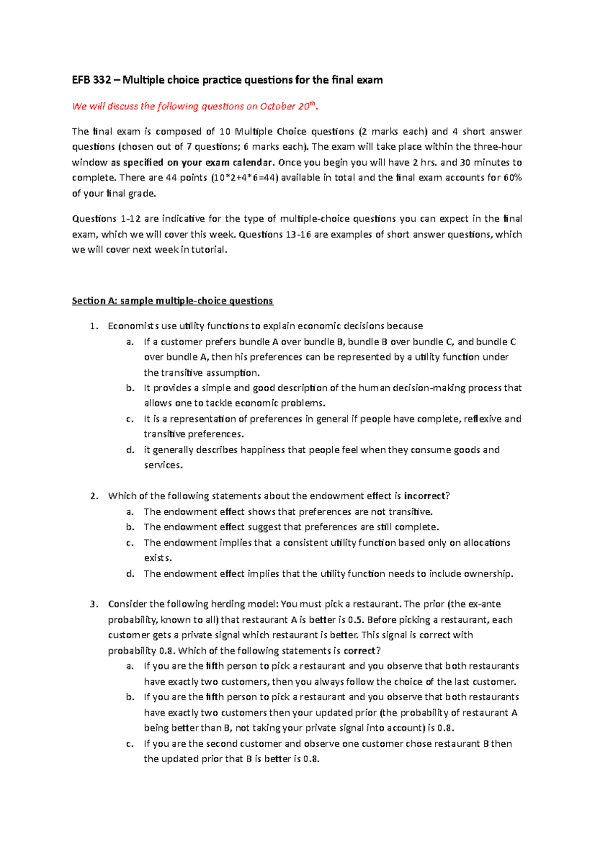 Tutorial questions Sample Exam MCQs - EFB 332 – Multiple choice ...