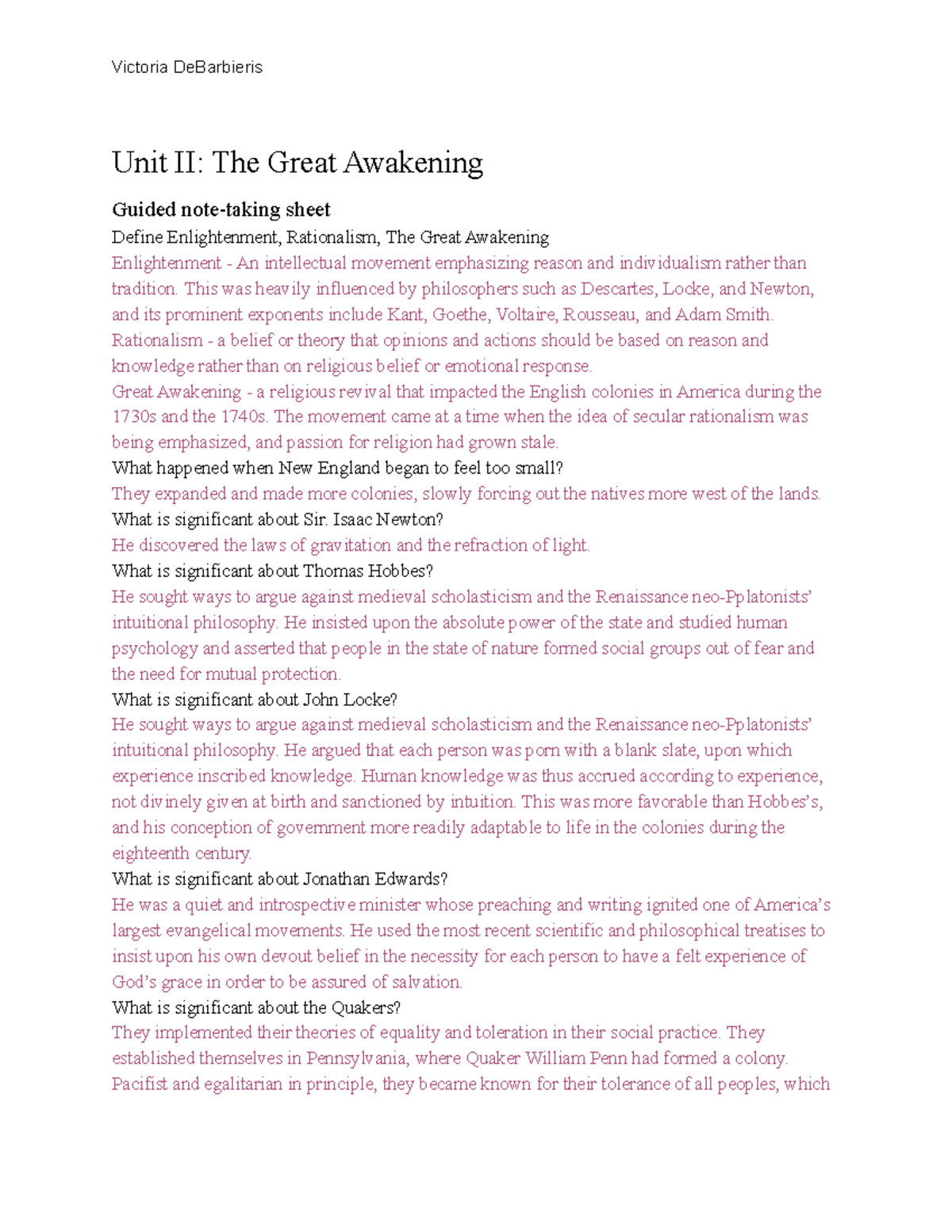 Unit II The Great Awakening - Unit II: The Great Awakening Guided note ...