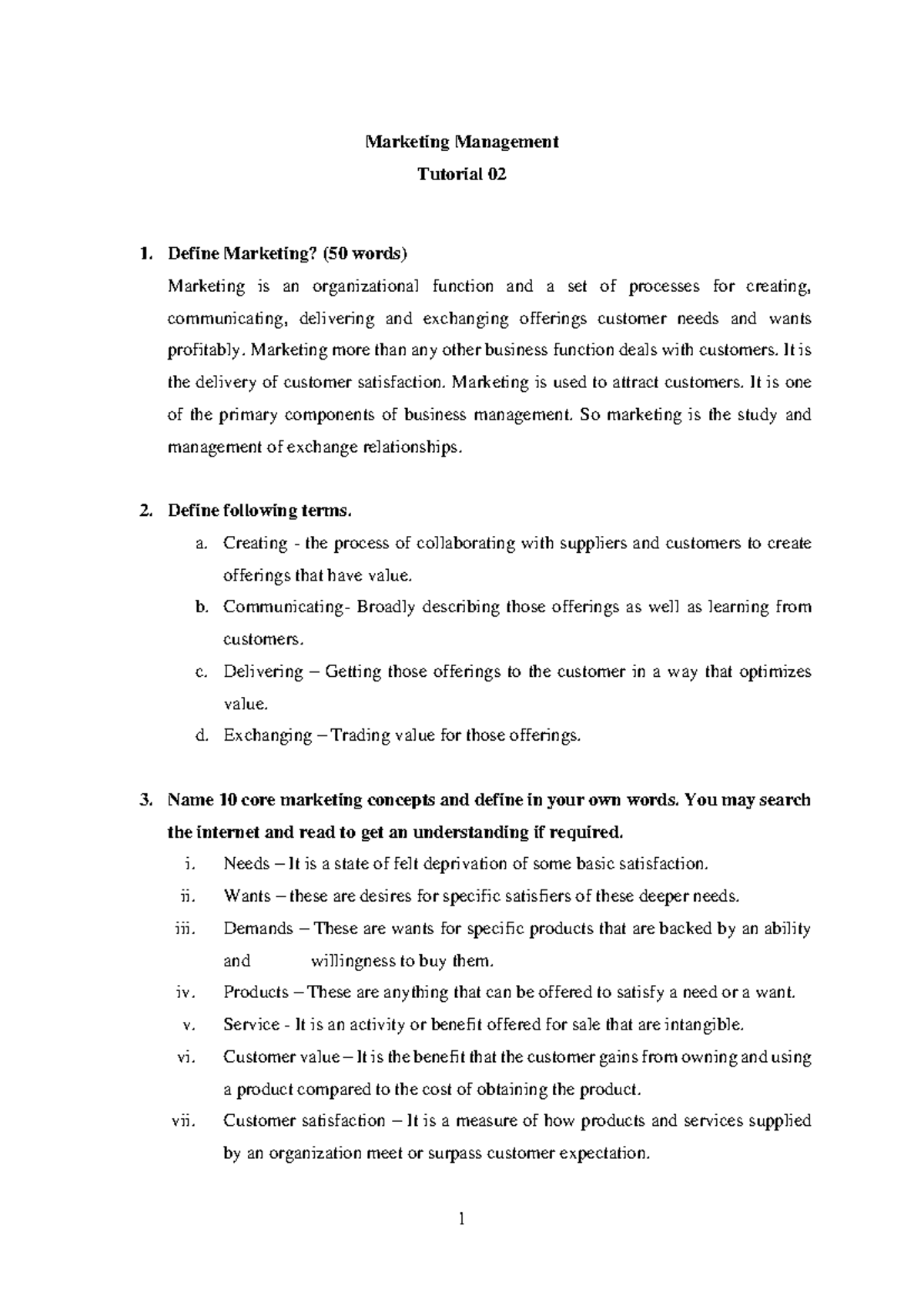 Marketing Management - Tutorial 02 (Questions and Answers) - Marketing ...