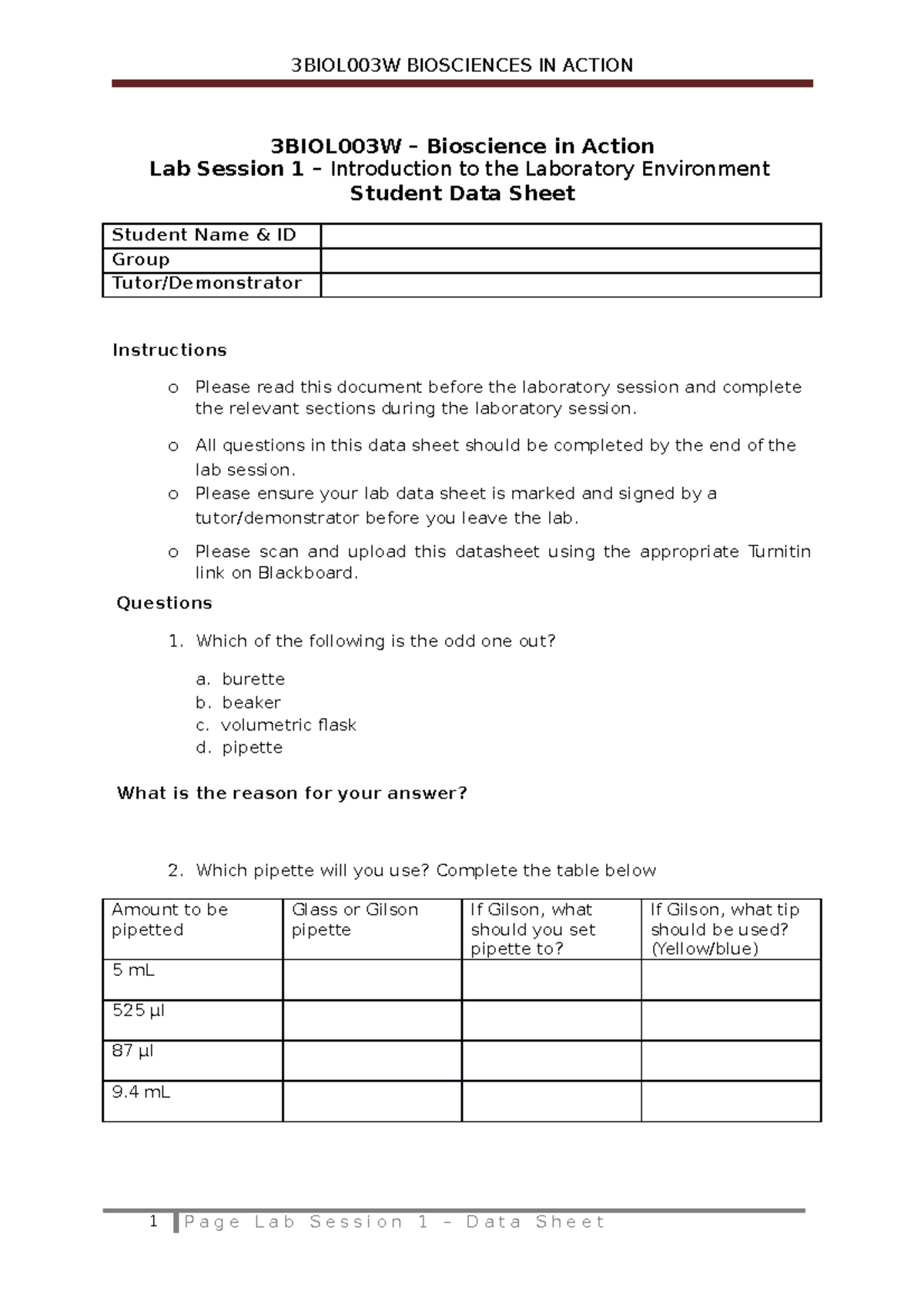 Lab 1 Data Sheet 2022-2023 - 3BIOL003W – Bioscience in Action Lab Session 1 – Introduction to ...
