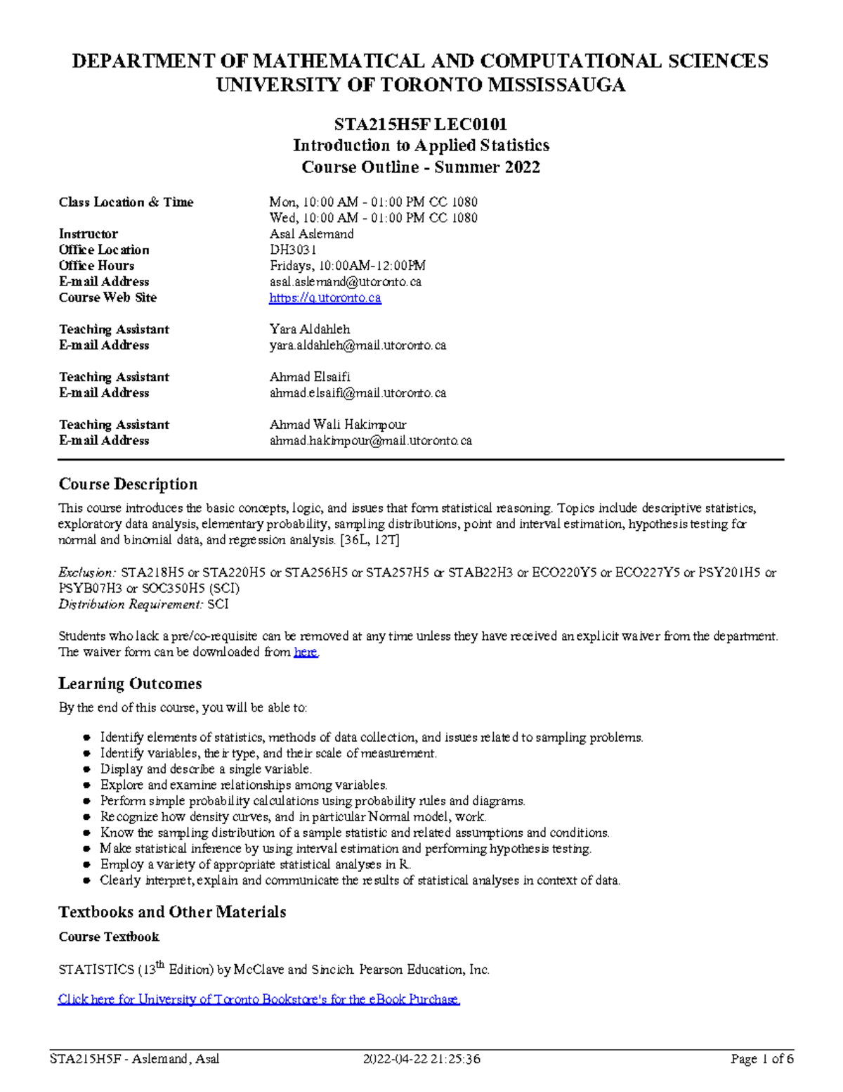 20225 STA215H5F LEC0101 syllabus - DEPARTMENT OF MATHEMATICAL AND COMPUTATIONAL SCIENCES ...