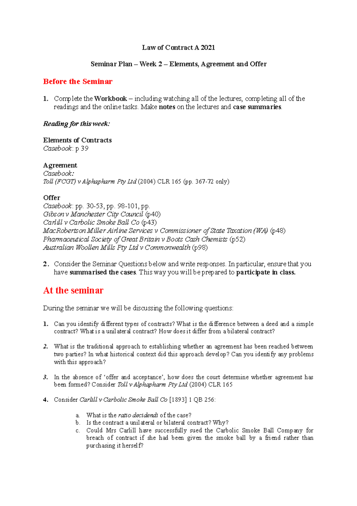 Week 2 Seminar Plan 2021 - Law of Contract A 2021 Seminar Plan – Week 2 ...