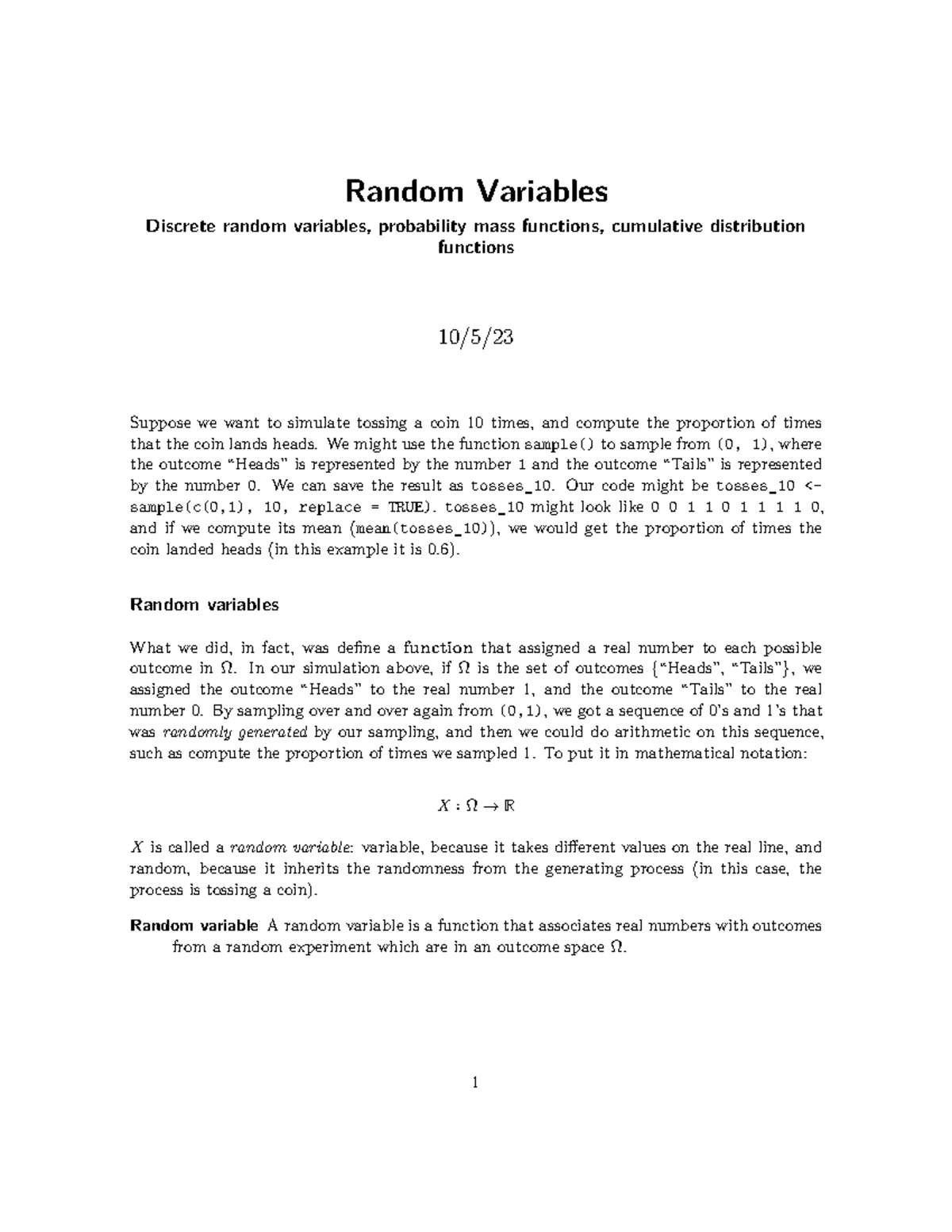Random Variables - Random Variables Discrete random variables, probability mass functions, - Studocu
