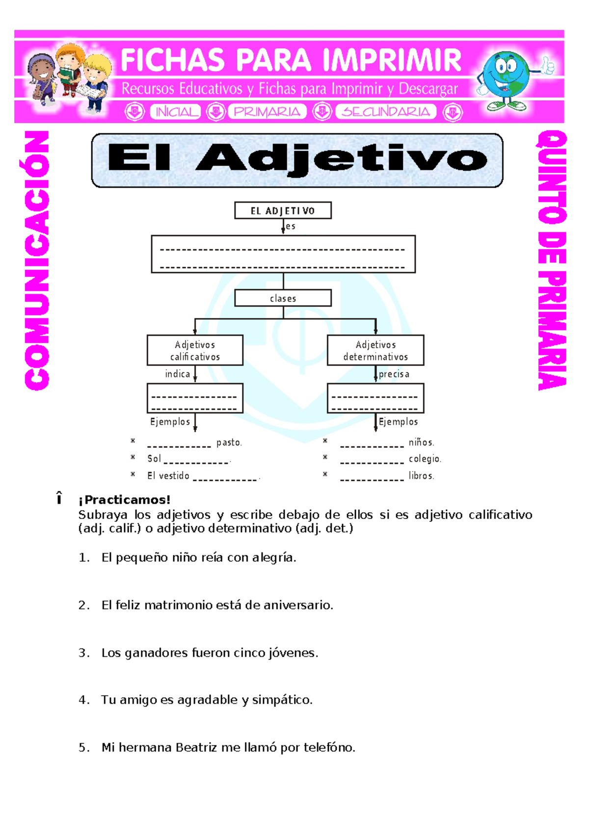 Ficha Ejemplos de Adjetivos para Quinto de Primaria - î ¡Practicamos ...