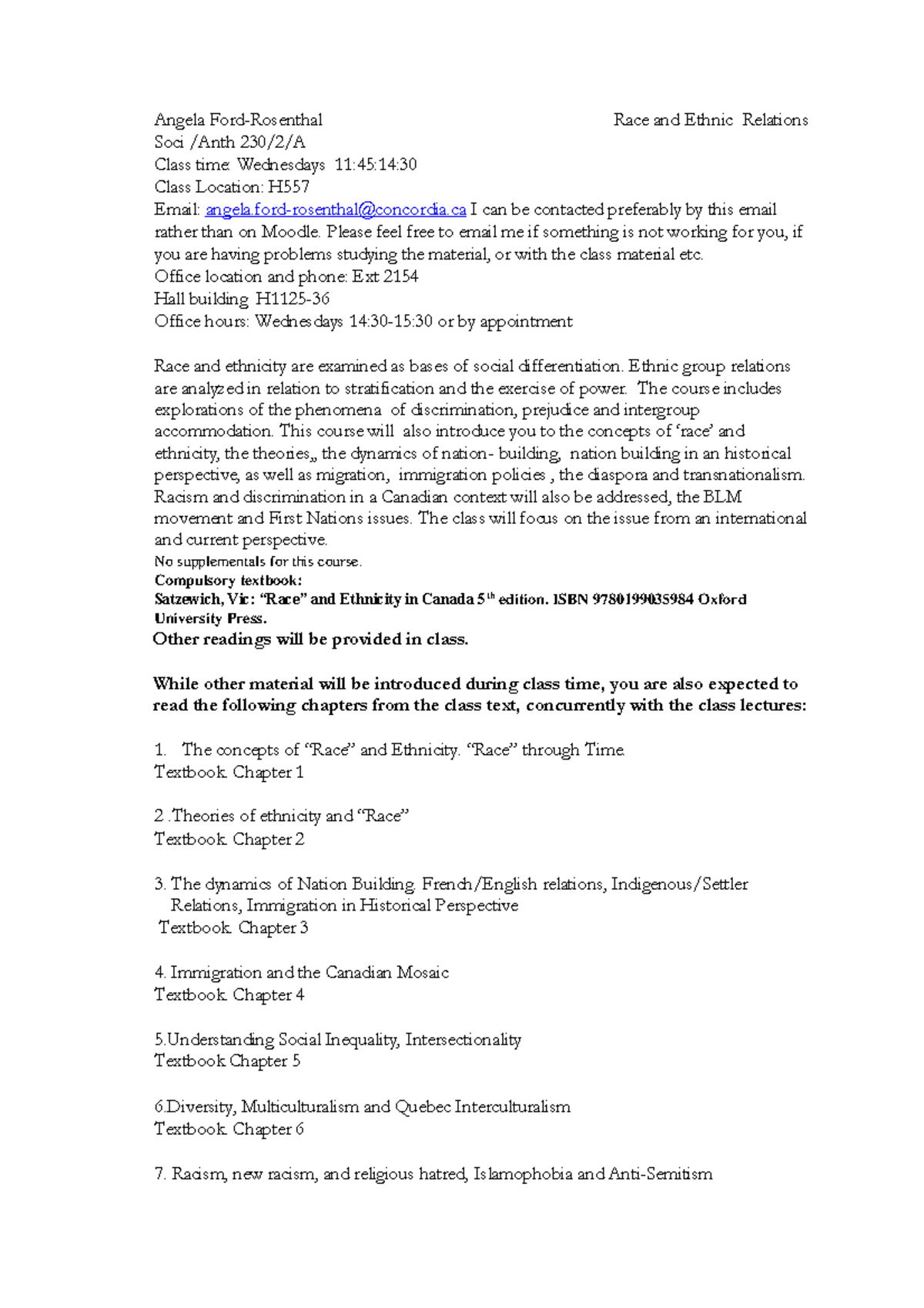 Course Outline - Angela Ford-Rosenthal Race and Ethnic Relations Soci ...