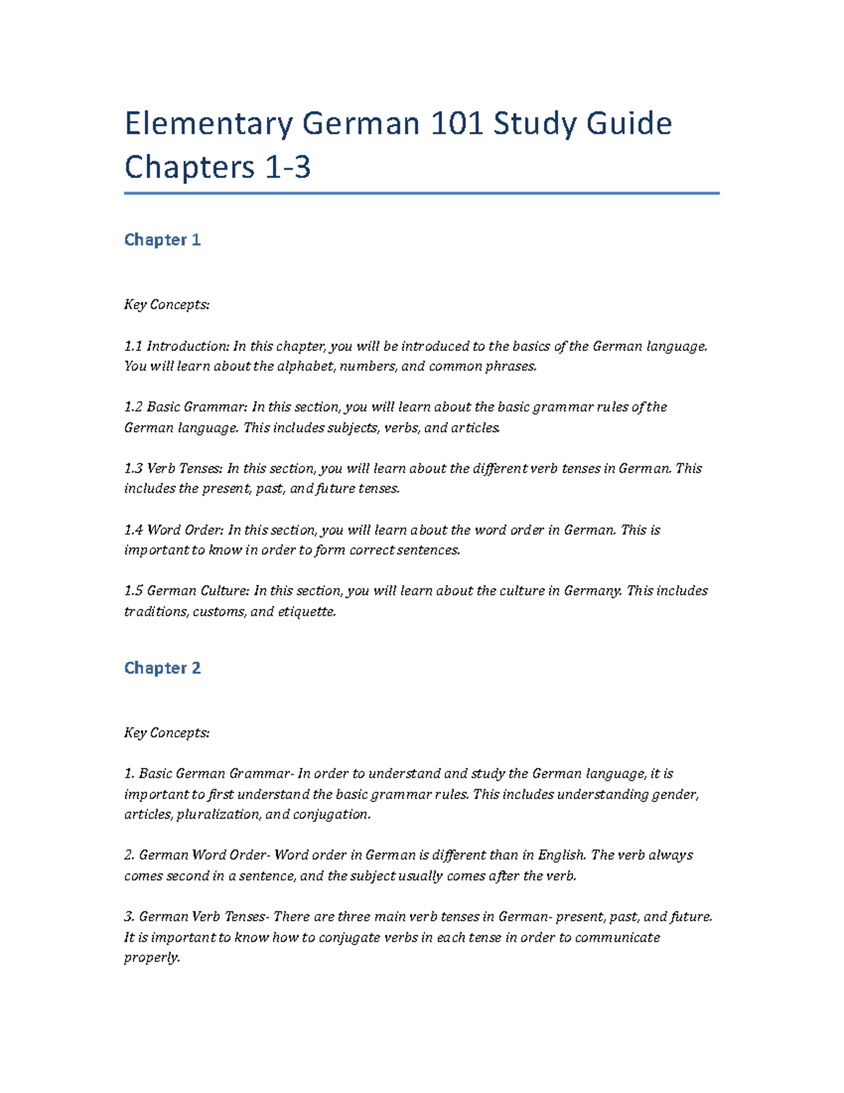 Elementary German 101 Study Guide Chapters 1-3 - Elementary German 101 ...