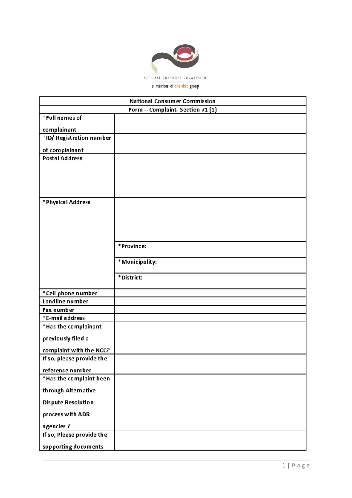 Complaint Form 2021 - National Consumer Commission (NCC) - National ...