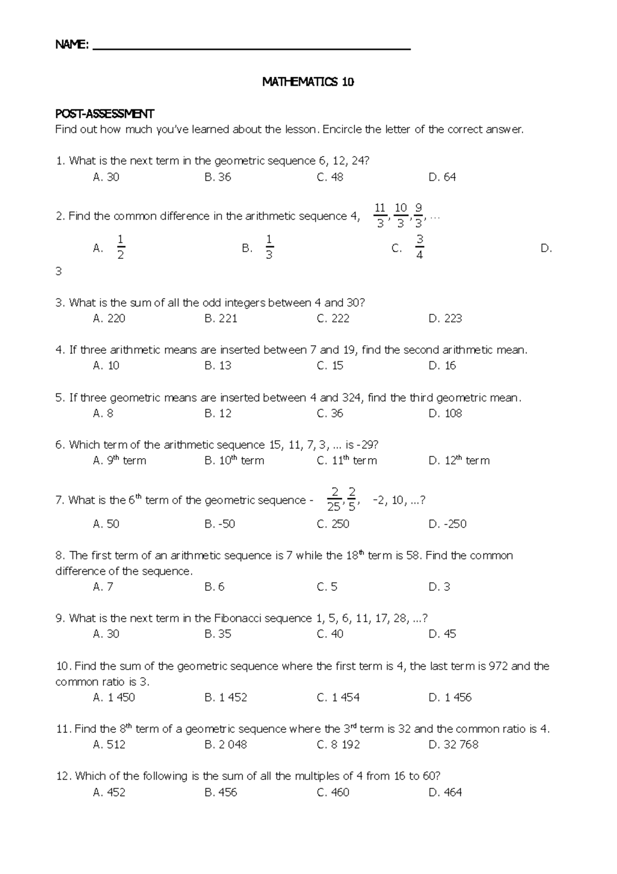 POSTEST MATHEMATICS 10 - DEPARTMENT OF EDUCATION - NAME: - Studocu
