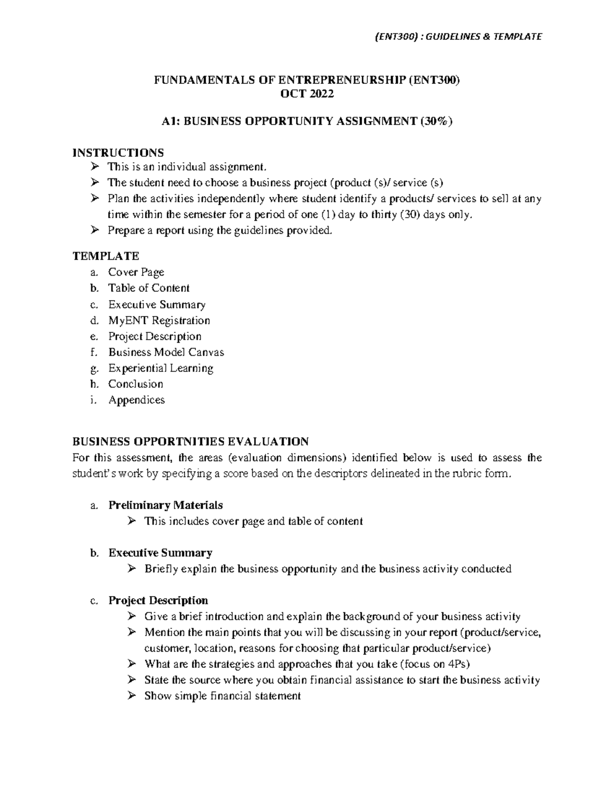 Guidelines AND Template - FUNDAMENTALS OF ENTREPRENEURSHIP (ENT300) OCT ...