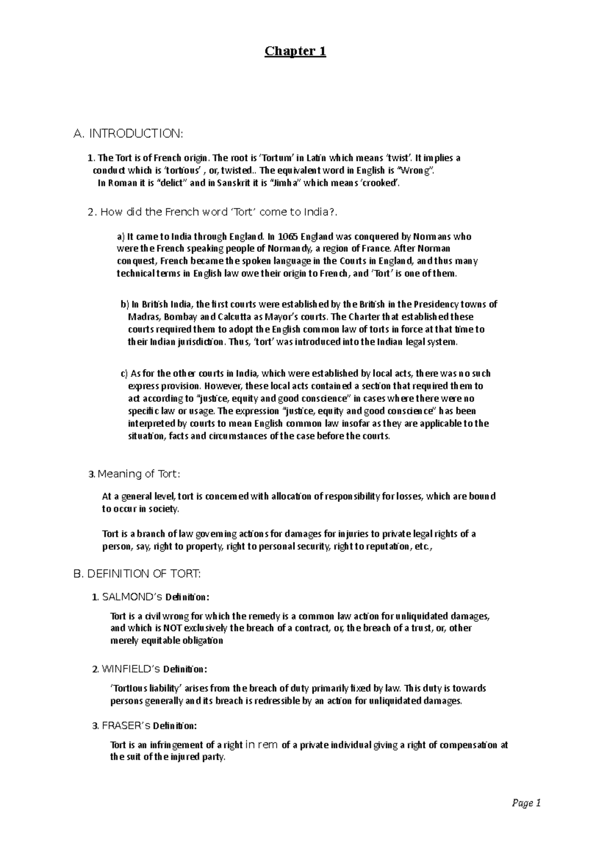 TORT - DETAILED ANALYSIS LECTURE NOTES - Chapter 1 A. INTRODUCTION: The ...