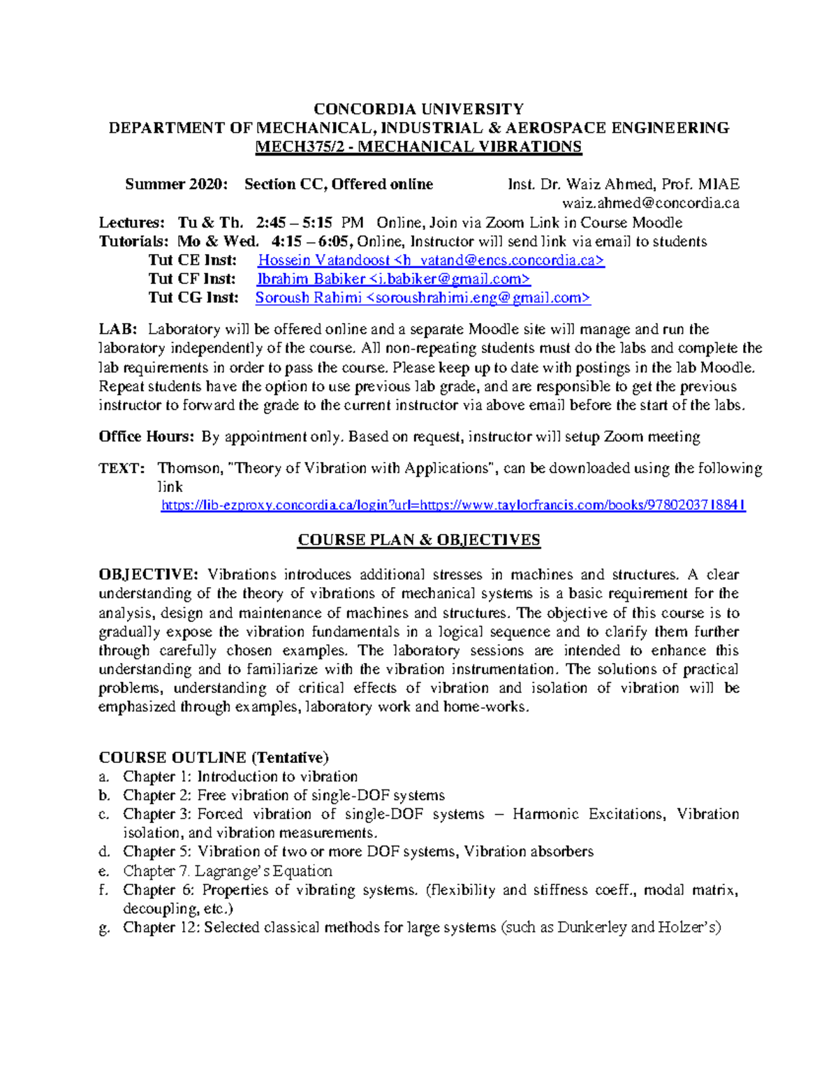 Outline - Warning: TT: undefined function: 32 CONCORDIA UNIVERSITY DEPARTMENT OF MECHANICAL ...