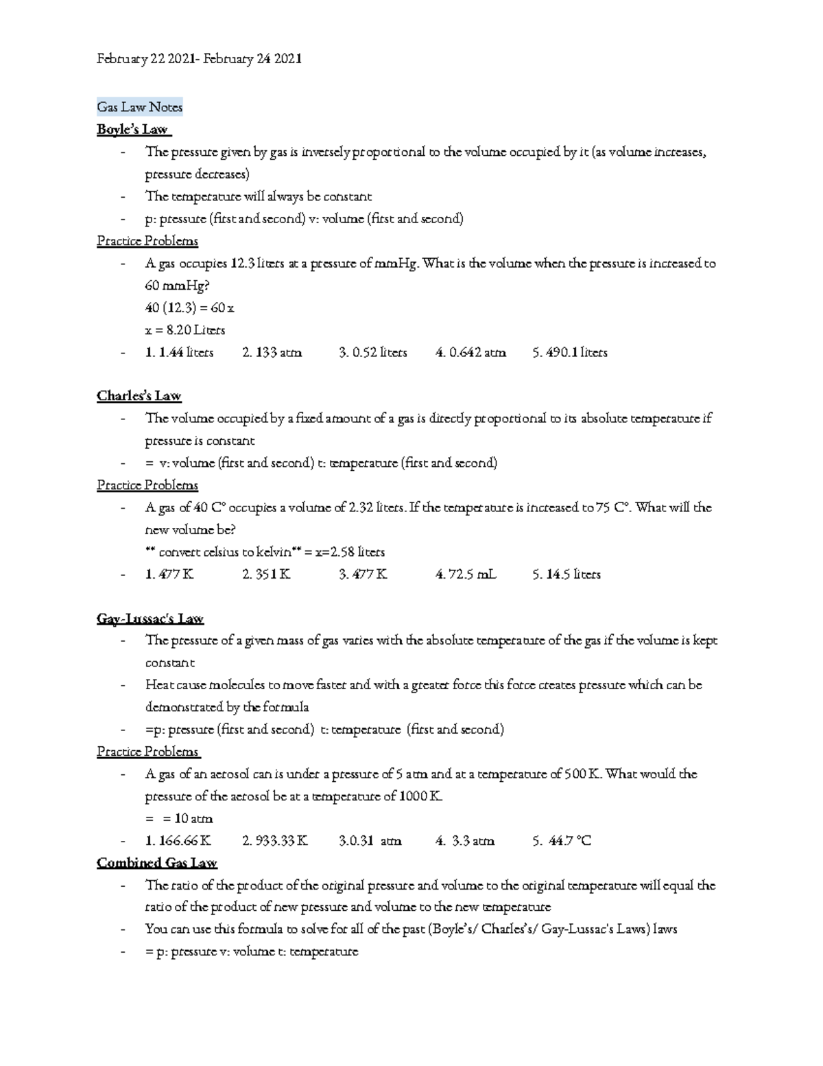 Gas law notes - February 22 2021- February 24 2021 Gas Law Notes Boyle ...