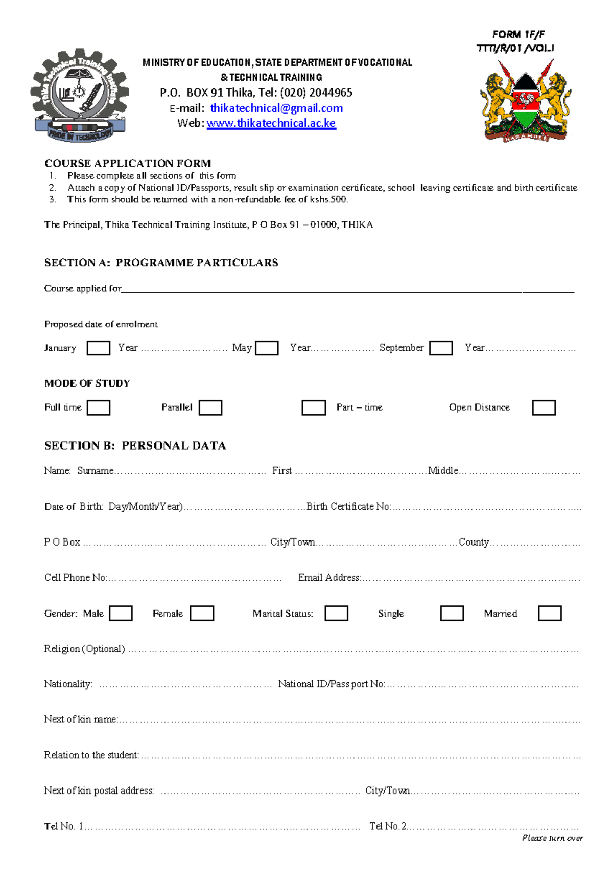 Course- Application-FORM - FORM 1F/F TTTI/R/ 01 /VOL MINISTRY OF ...