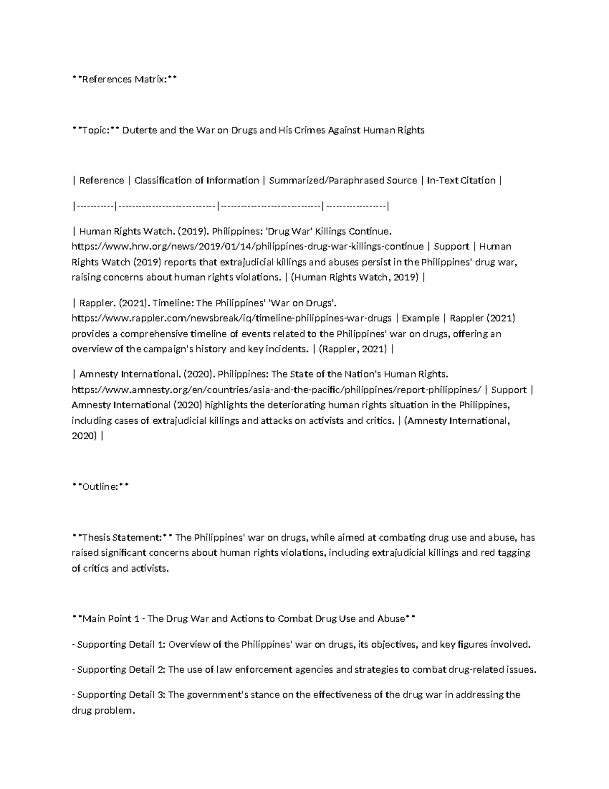 War - WAR ON DRUGS - References Matrix: Topic: Duterte and the War on ...