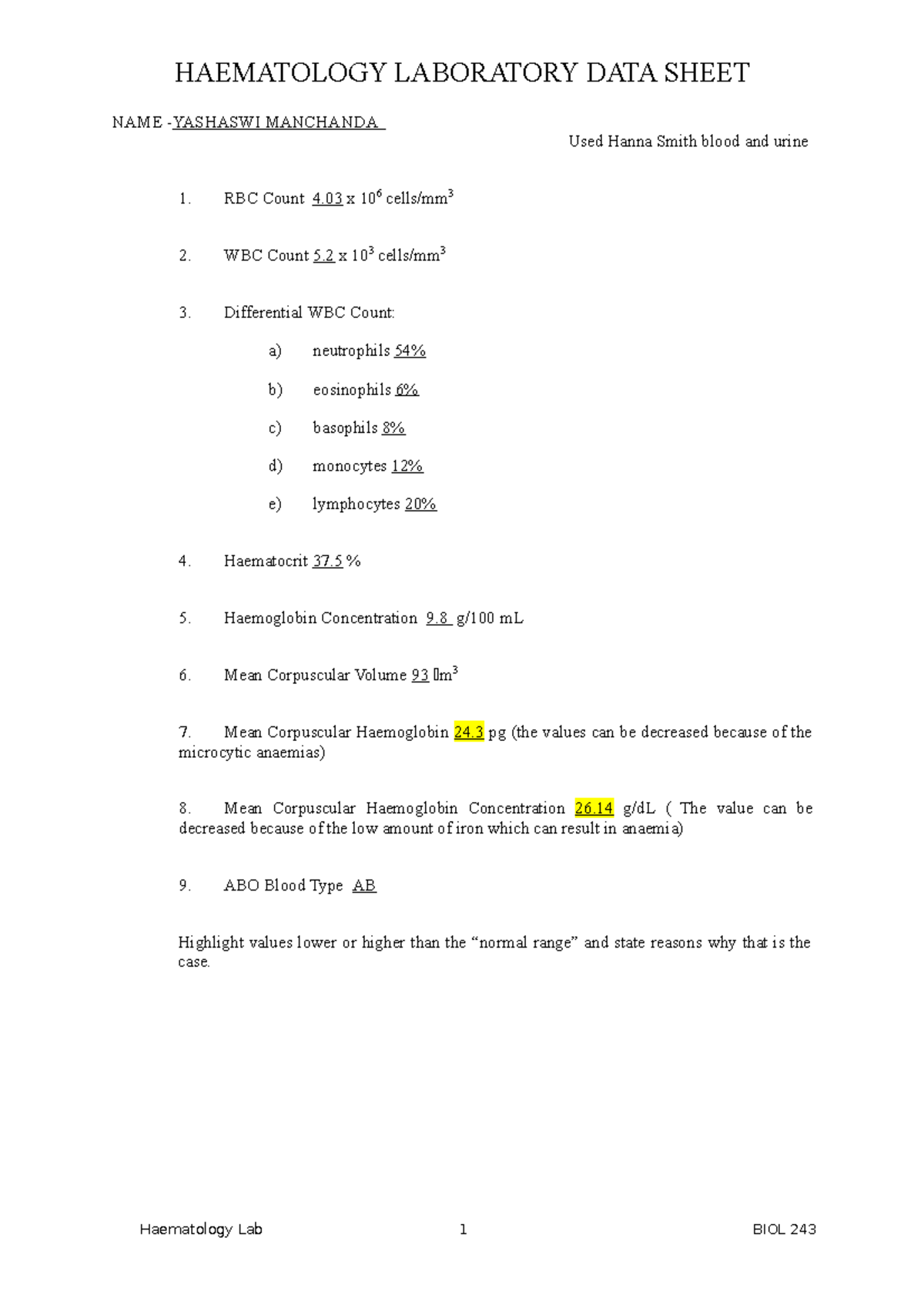 Haematology Data Sheet - NAME -YASHASWI MANCHANDA Used Hanna Smith ...