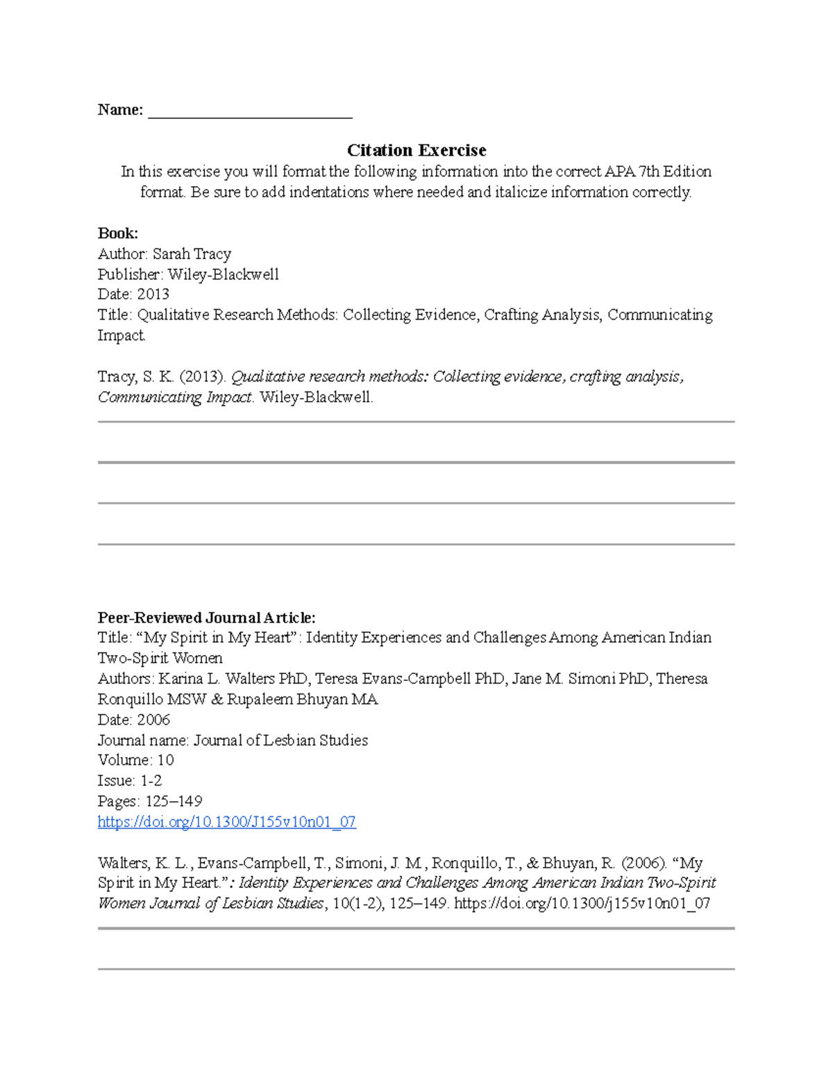 Citation Exercise - n/a - Name: _________________________ Citation ...