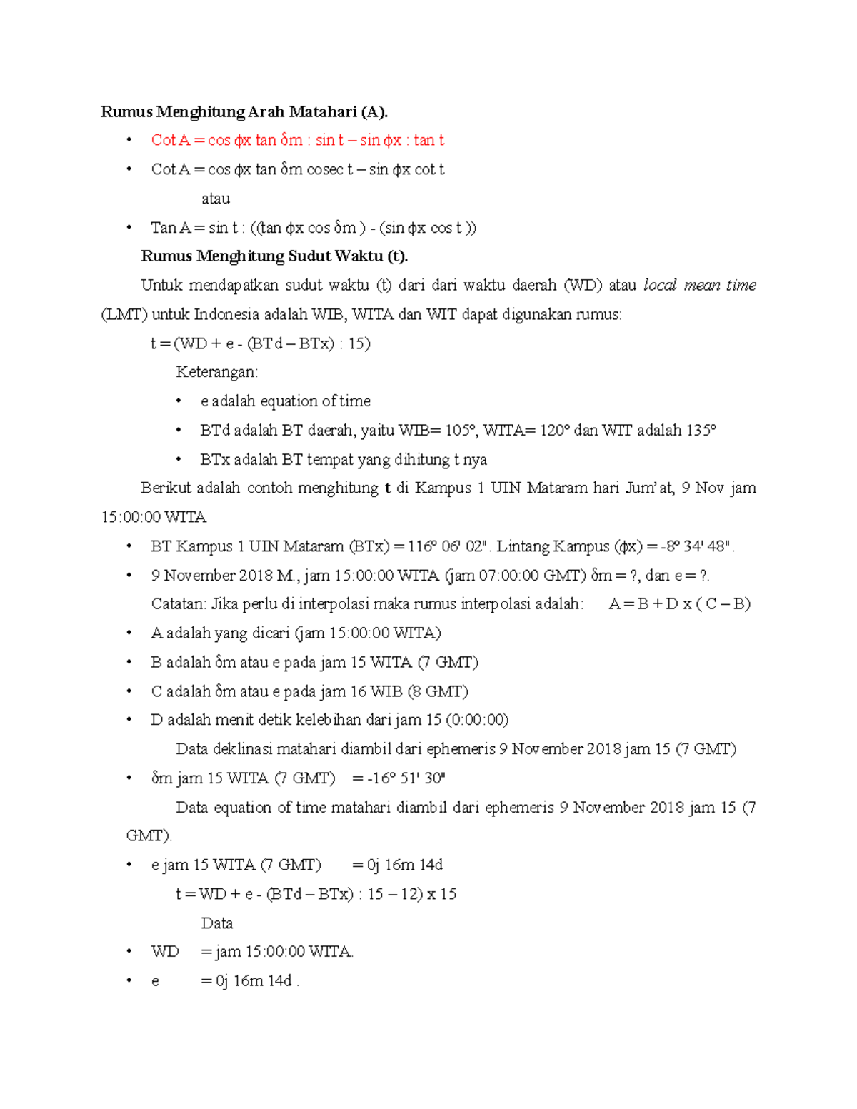 Rumus Menghitung Arah Matahari - Cot A = cos x tan m : sin t – sin x : tan t - Cot A = cos x tan ...