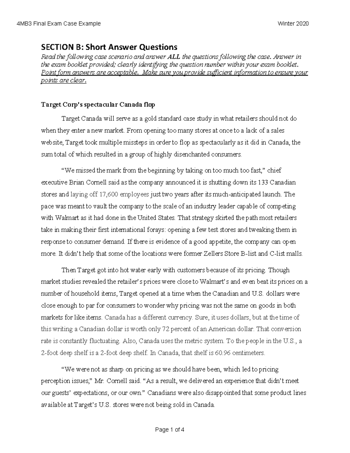 Example of Case Scenario with Questions - SECTION B: Short Answer ...