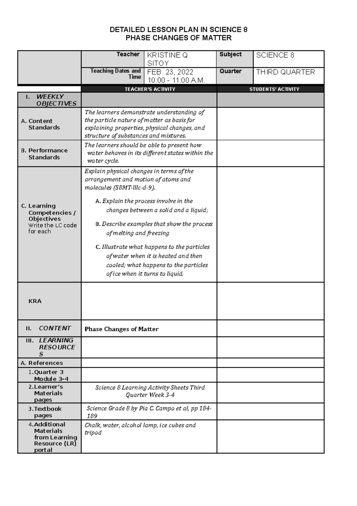 Detailed Lesson PLAN IN science 8 COT 1 DETAILED LESSON PLAN IN