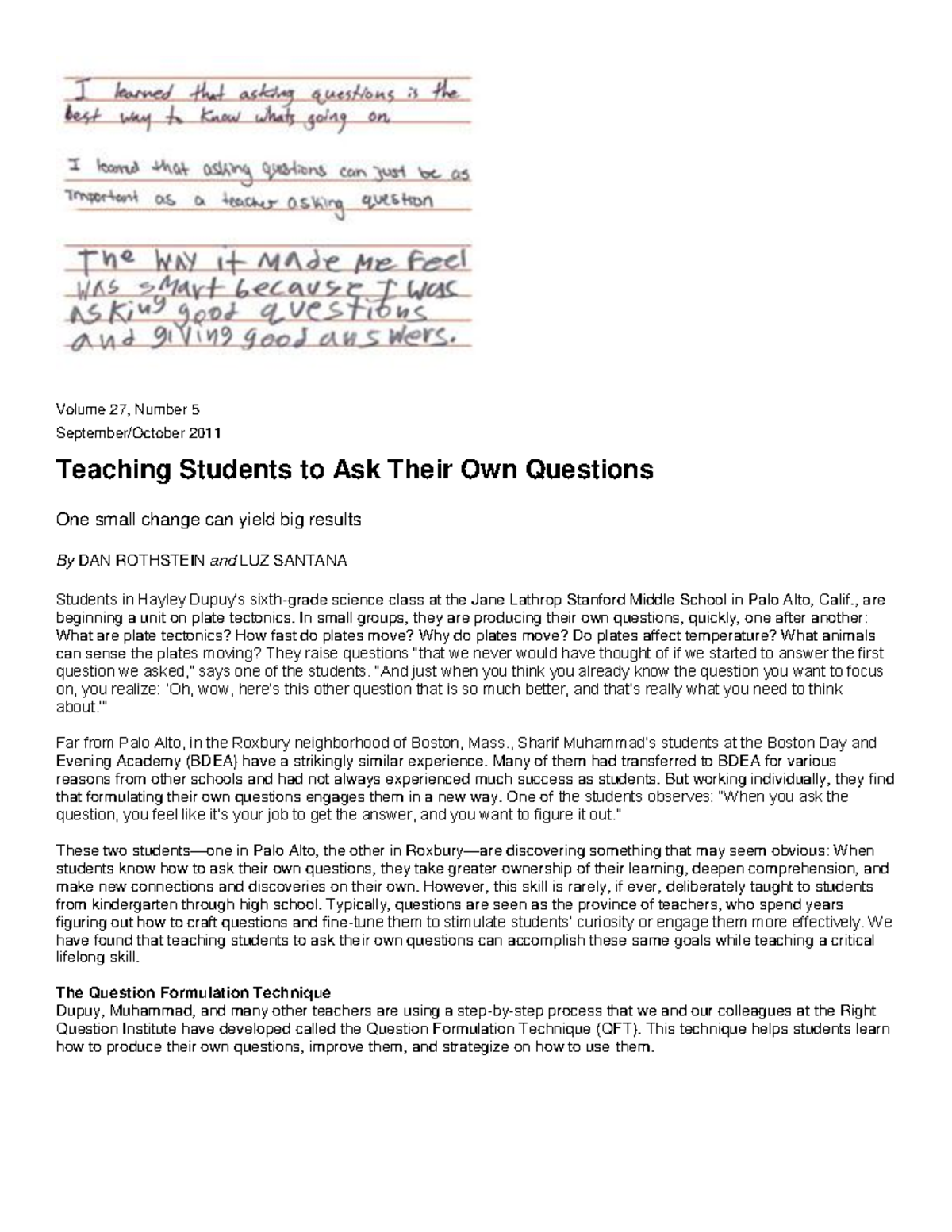 Harvard Letter Having Students Ask Their Own Questions - Volume 27 ...