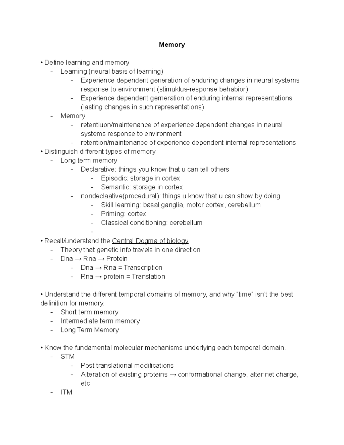 L22+23 Memory - notes from class - Memory Define learning and memory ...