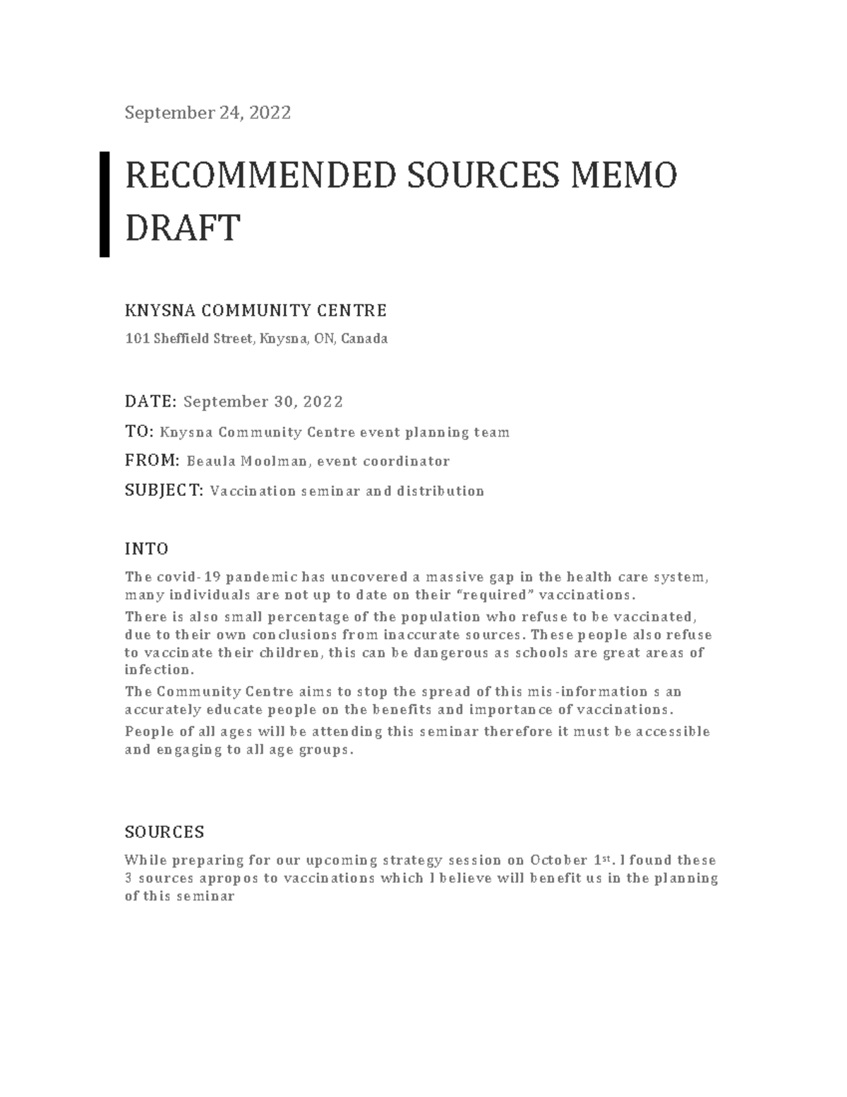 ENG Assignment 1 Rough Draft - September 24, 2022 RECOMMENDED SOURCES ...