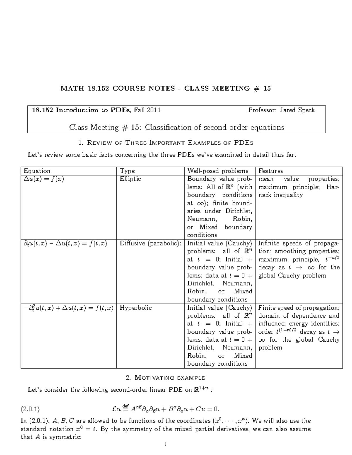 Classification of second order equations - Equation Type Well-posed ...