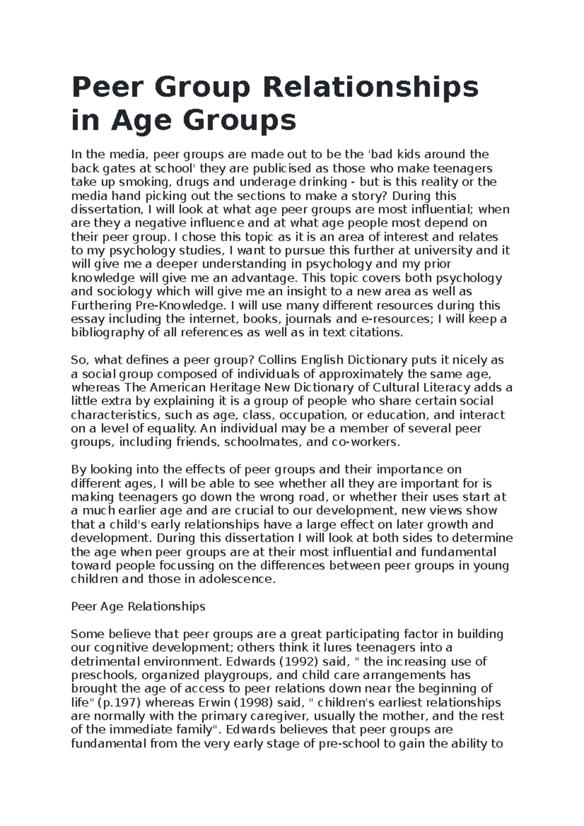 Peer Group Relationships in Age Groups - Peer Group Relationships in ...