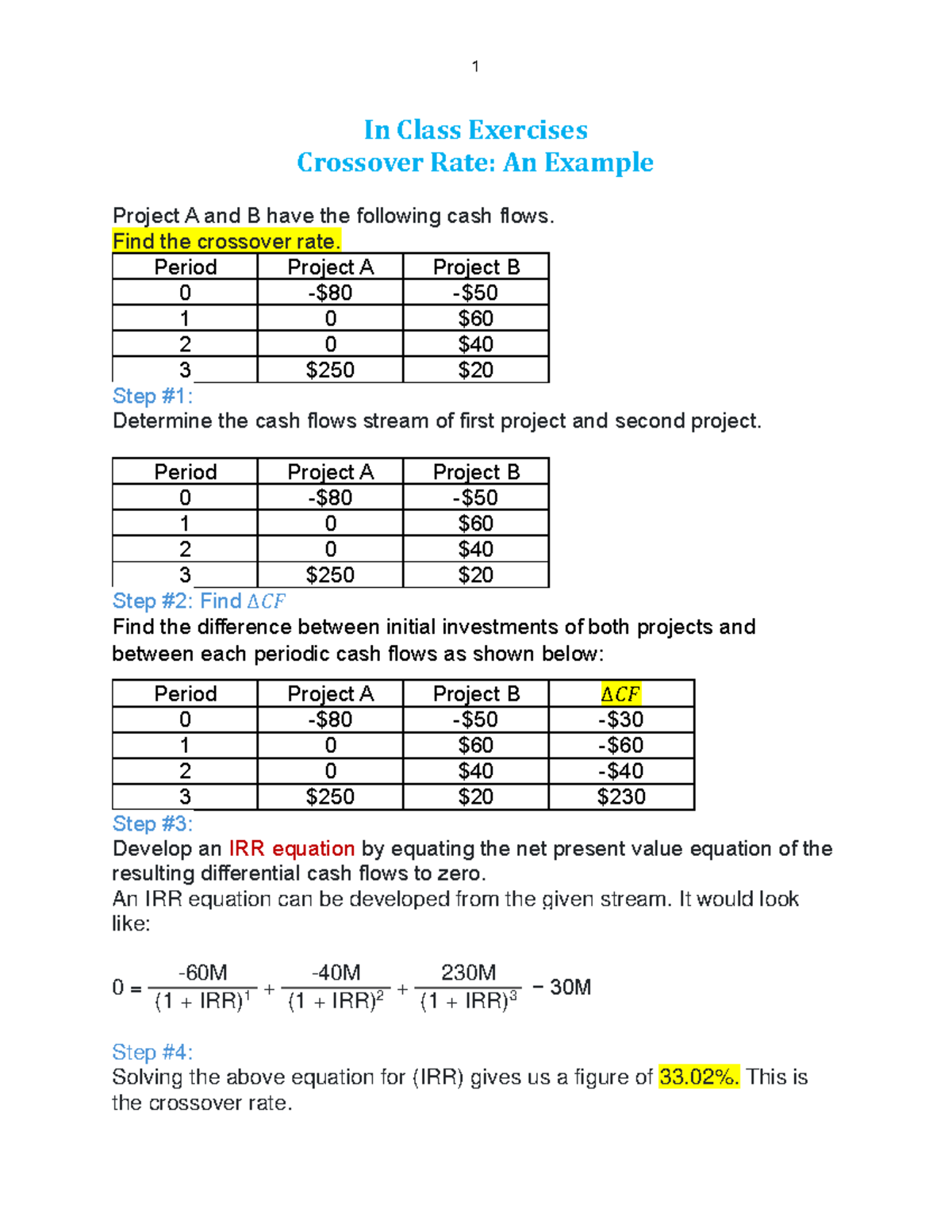 Ch. 13 - Crossover Rate-in class exercises - 1 In Class Exercises ...