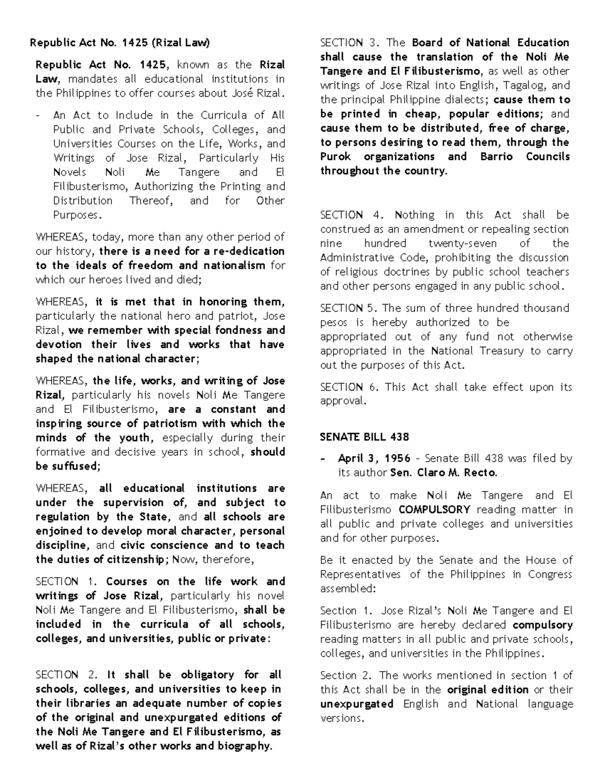 Rizal-law-reviewer - Republic Act No. 1425 (Rizal Law) Republic Act No ...