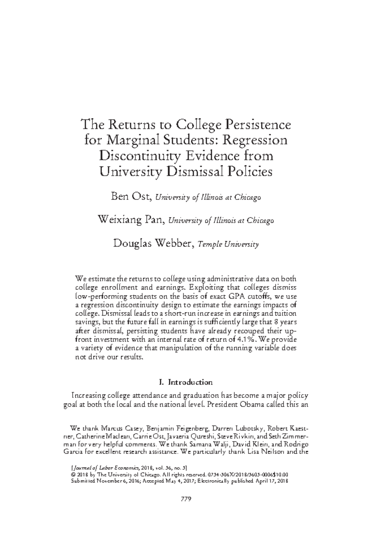 Ost, Pan, Webber, 2018 , The Returns to College Persistence for ...