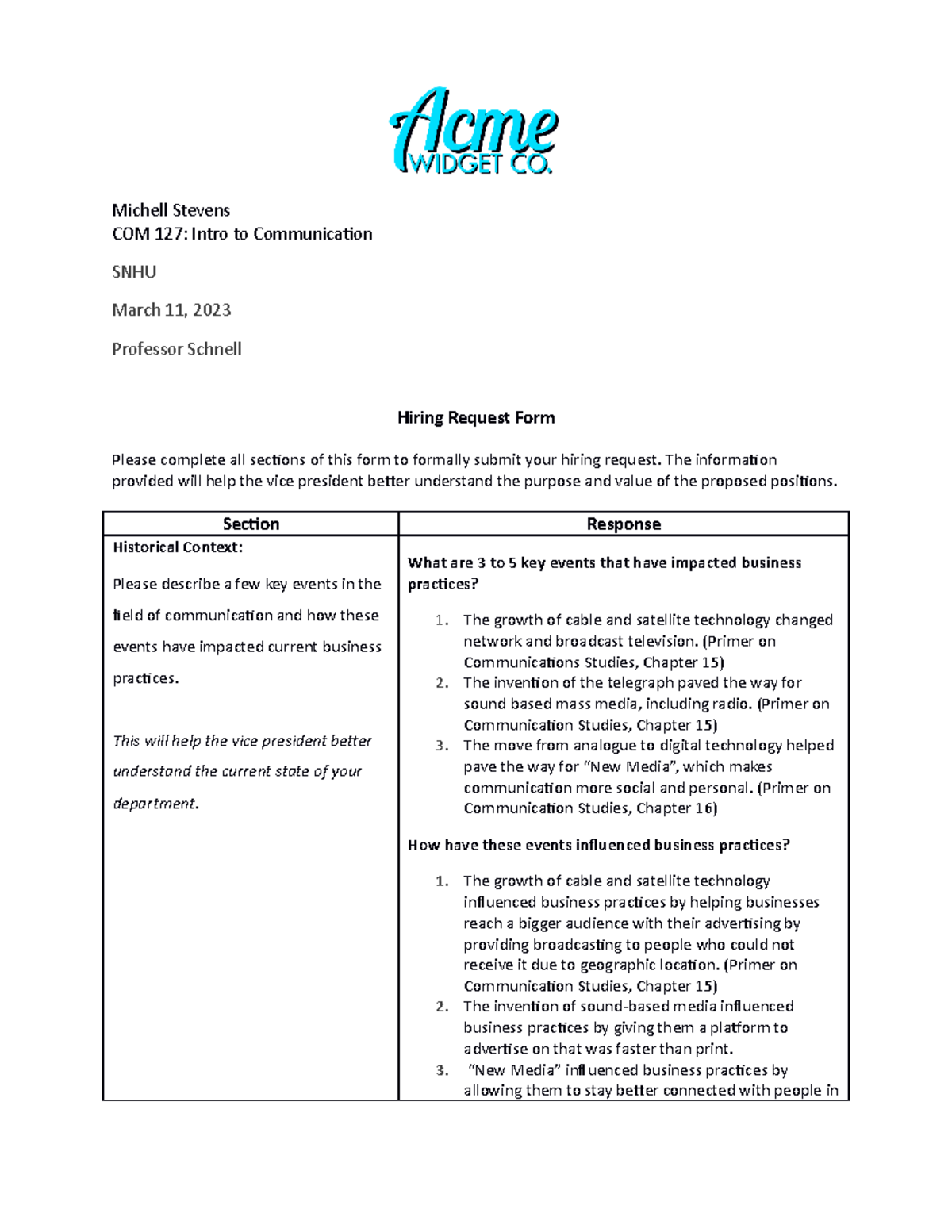 COM 127 2-3 Milestone One - Michell Stevens COM 127: Intro to ...