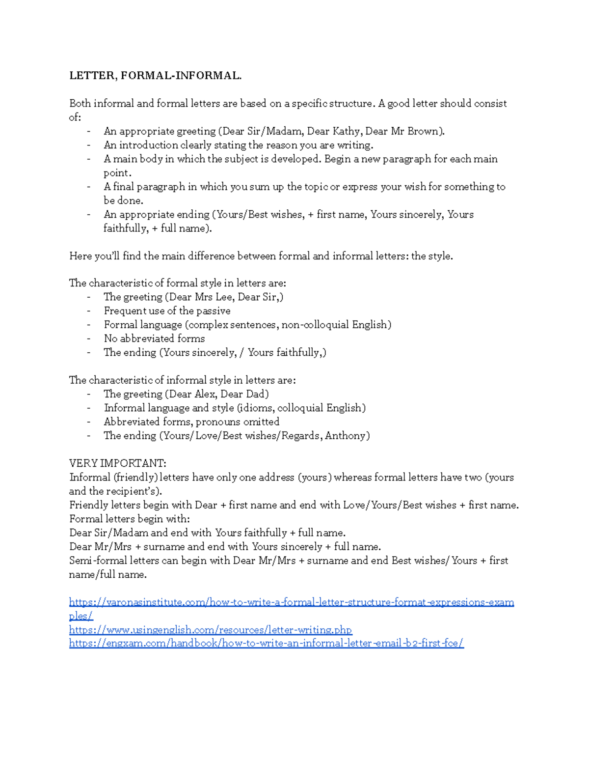 Types of writing and structures - LETTER, FORMAL-INFORMAL. Both ...