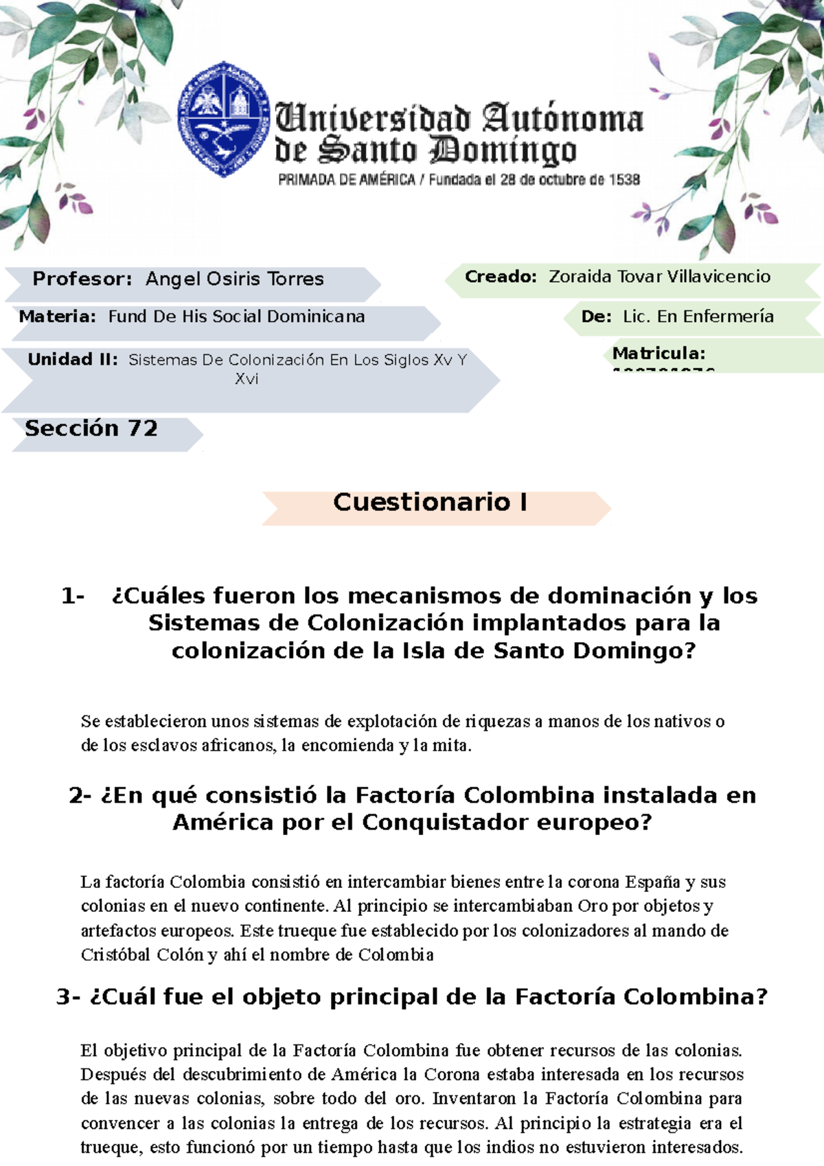 Cuestionarios de la Unidad II - Profesor: Angel Osiris Torres Materia ...