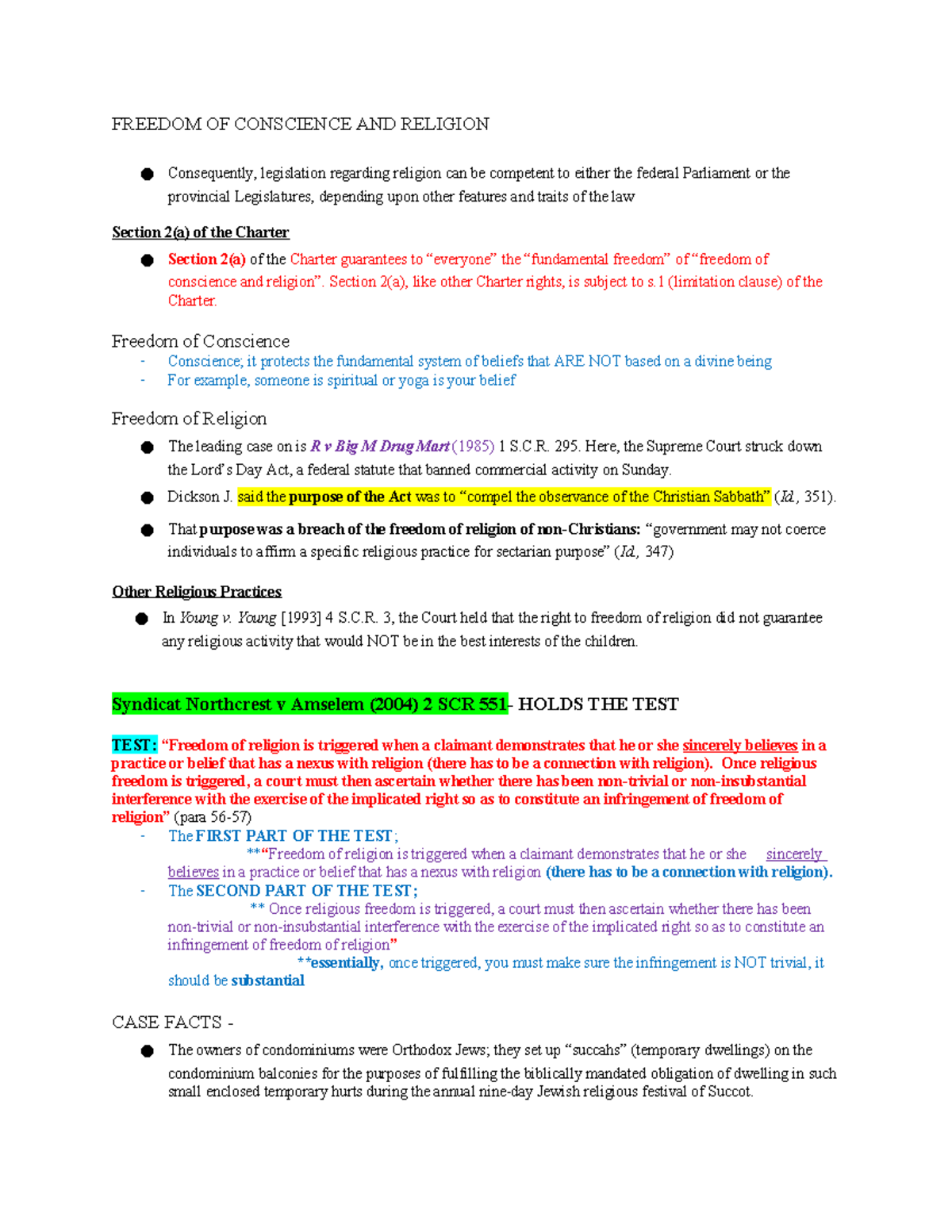 S.2(a) summary - FREEDOM OF CONSCIENCE AND RELIGION Consequently ...