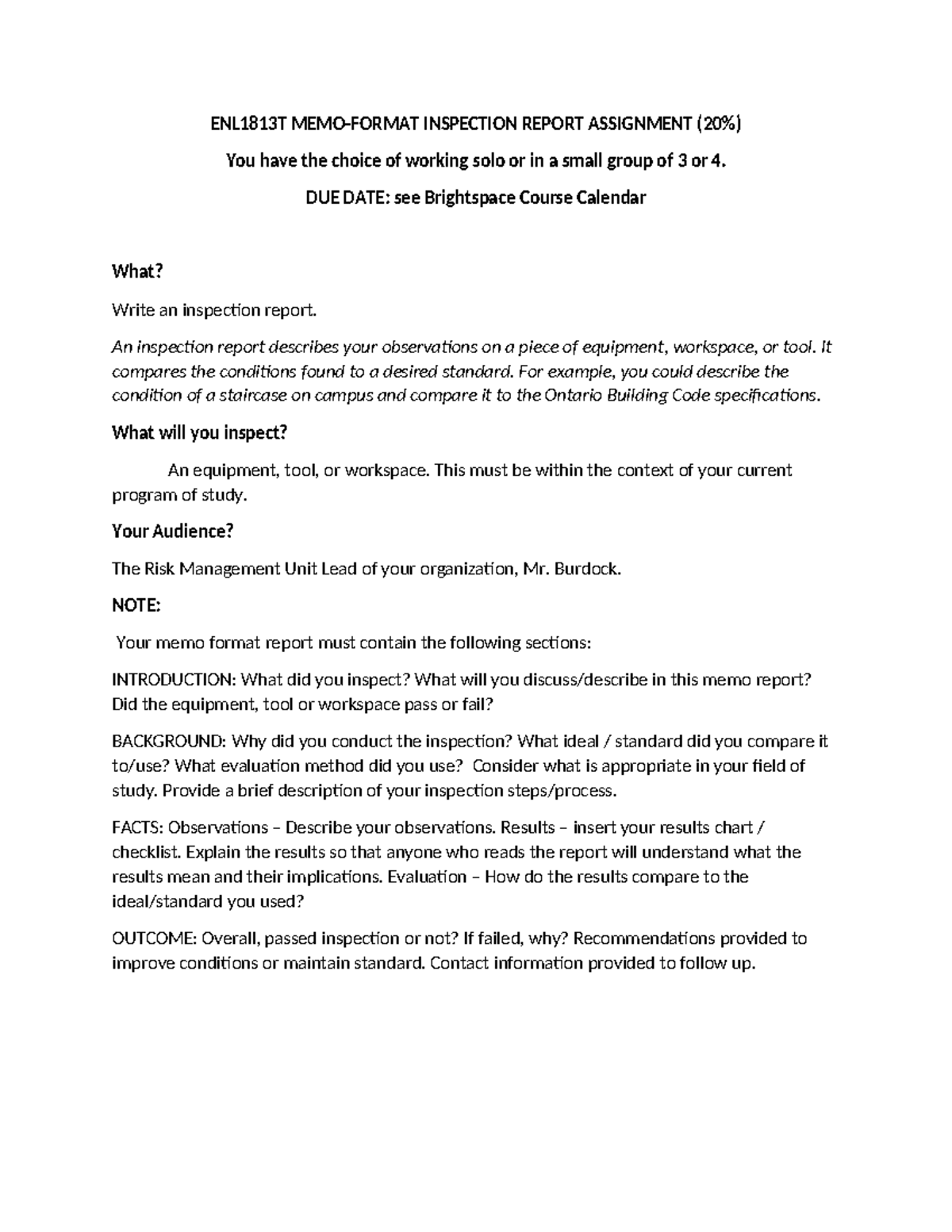 322 MEMO- Format Inspection Report Assignment (1) - ENL1813T MEMO ...