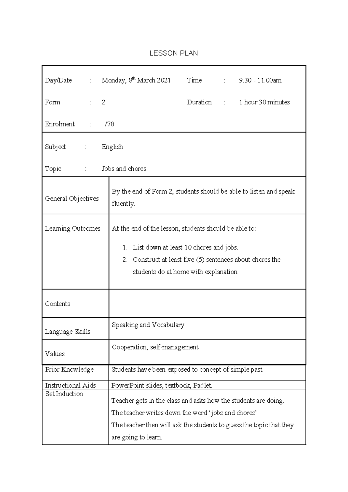 Lesson PLAN F2 1 - lp 1 - LESSON PLAN Day/Date : Monday, 8th March 2021 ...