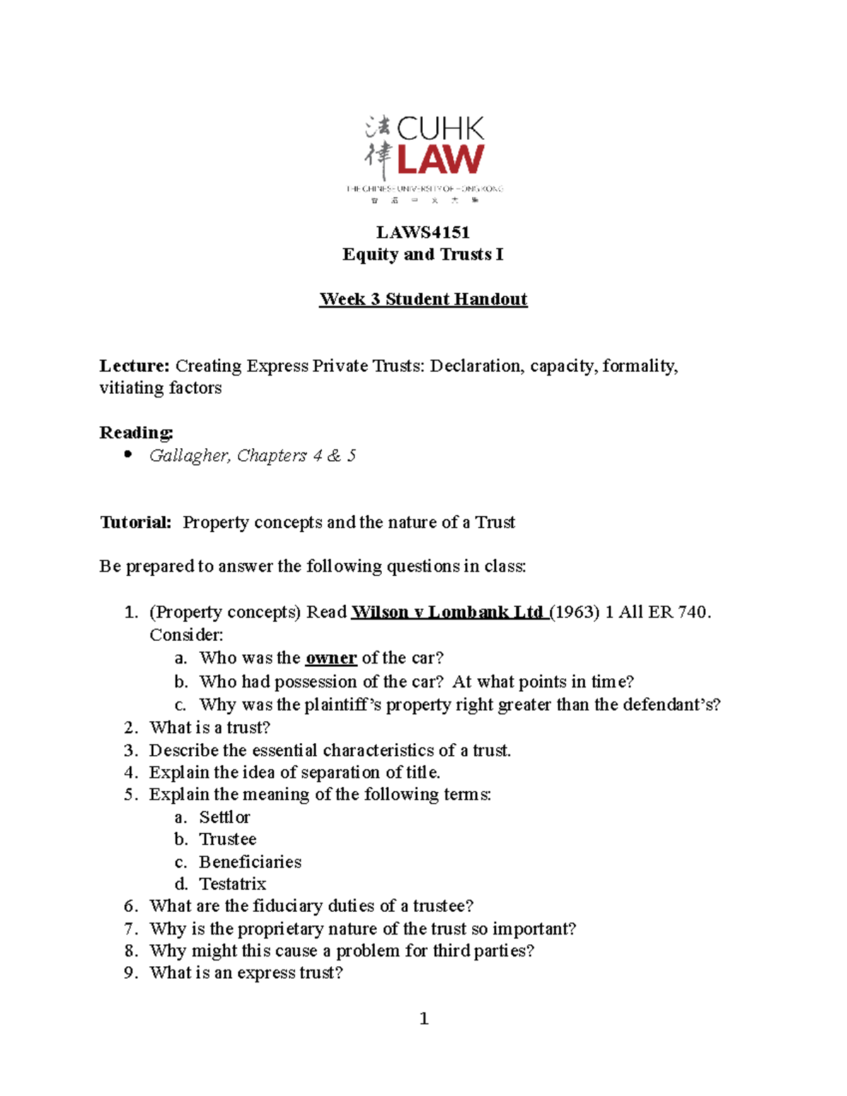 LAWS4151 Week 3 Student Handout - LAWS Equity and Trusts I Week 3 ...