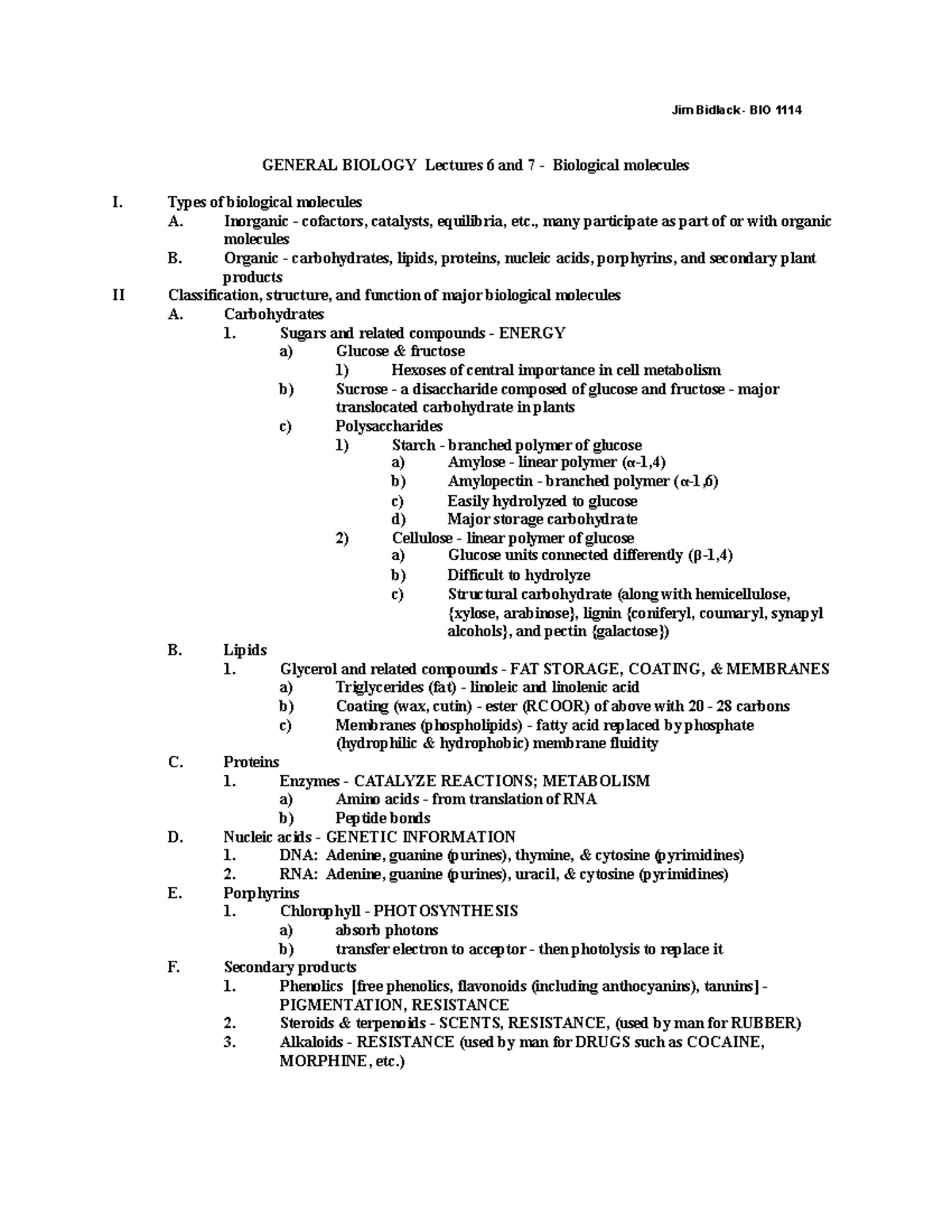 L06-L07-Biomolec - Jim Bidlack - BIO 1114 GENERAL BIOLOGY Lectures 6 ...