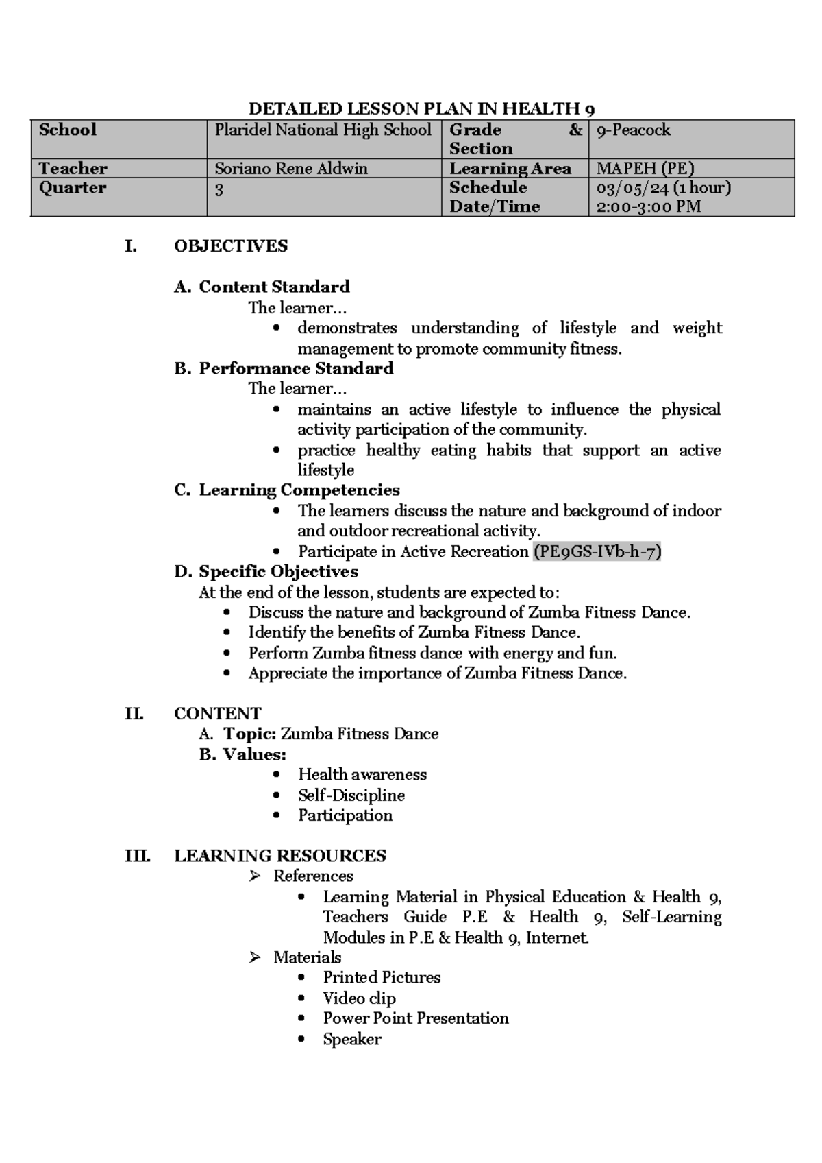 DLP-PE9 Zumba - Class DLP - DETAILED LESSON PLAN IN HEALTH 9 School ...