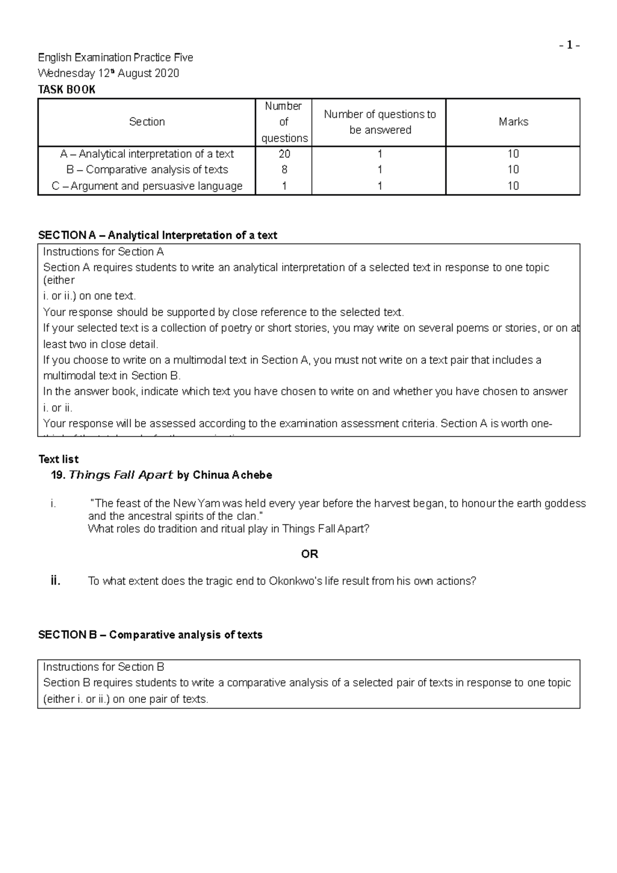 English practice exam 5 2020 - English Examination Practice Five ...