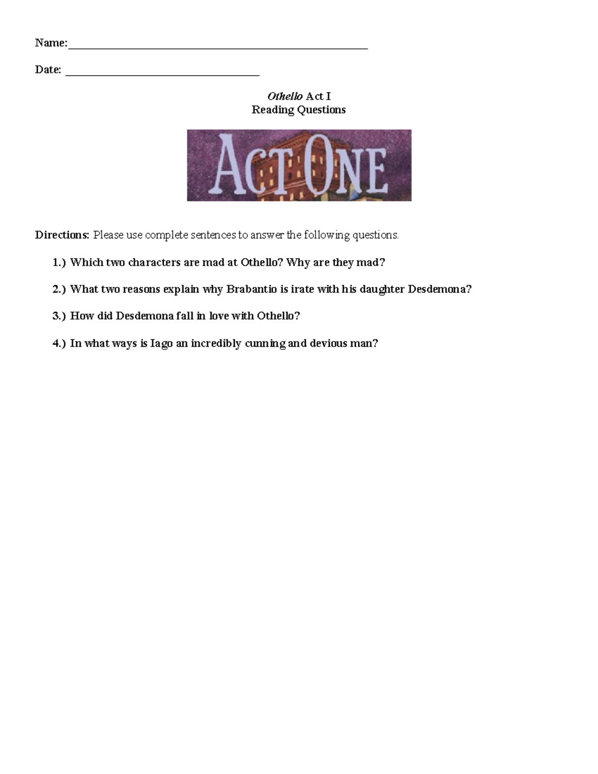Othello Act I Reading Questions - Name