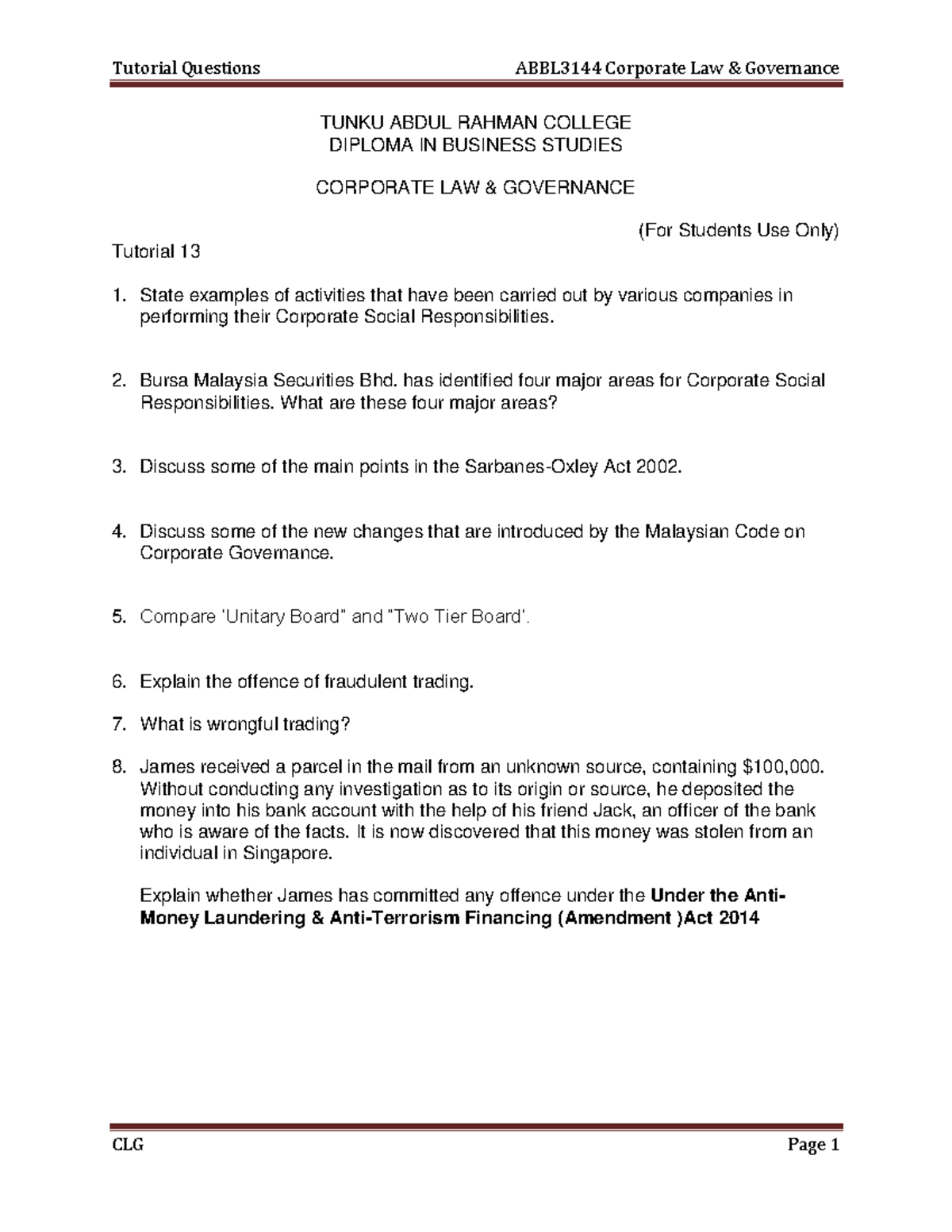 Tutorial 13 - Tutorial Questions ABBL3144 Corporate Law & Governance ...