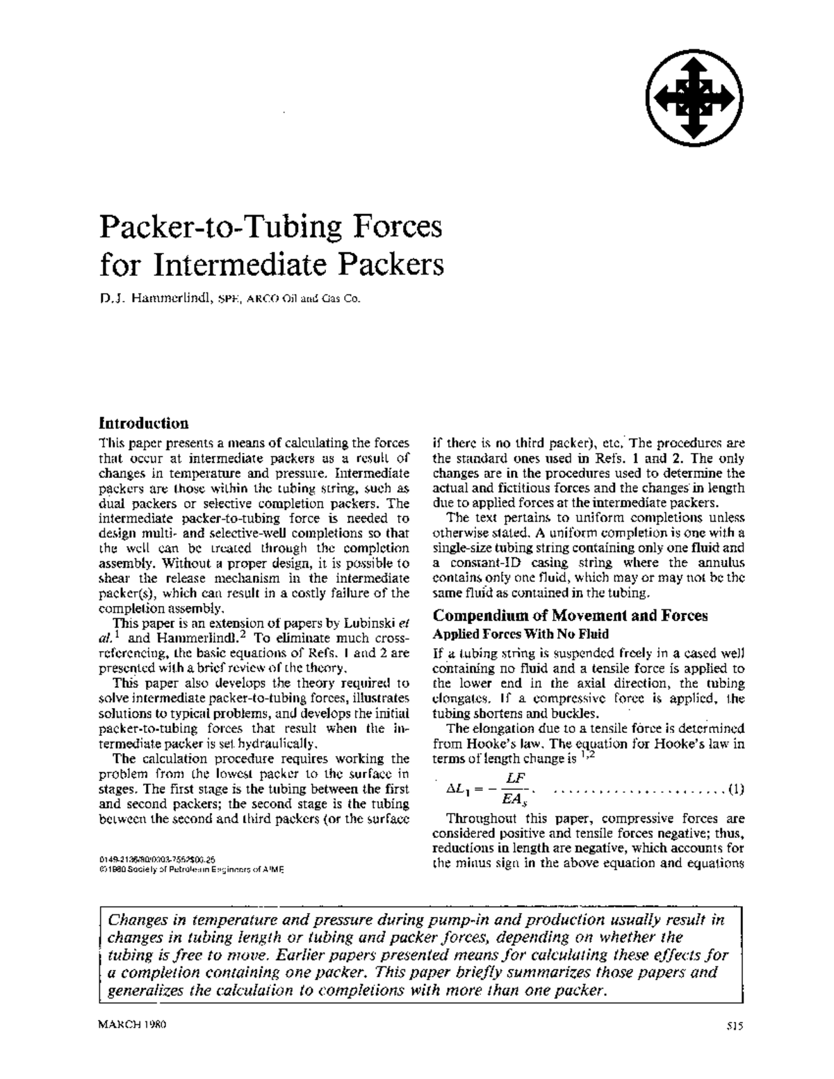 Hammerlindl 1980 packer - ####### Packer-to-Tubing Forces ####### for ...