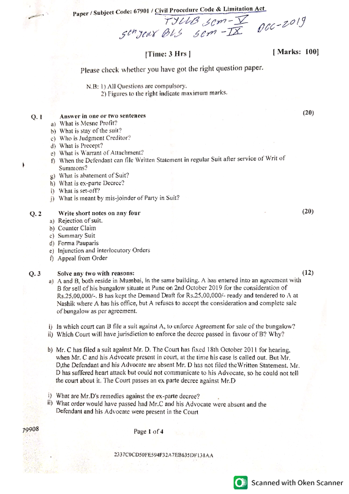 2019-20 Question Paper CPC - Bachelors of Law - 3 years - Studocu