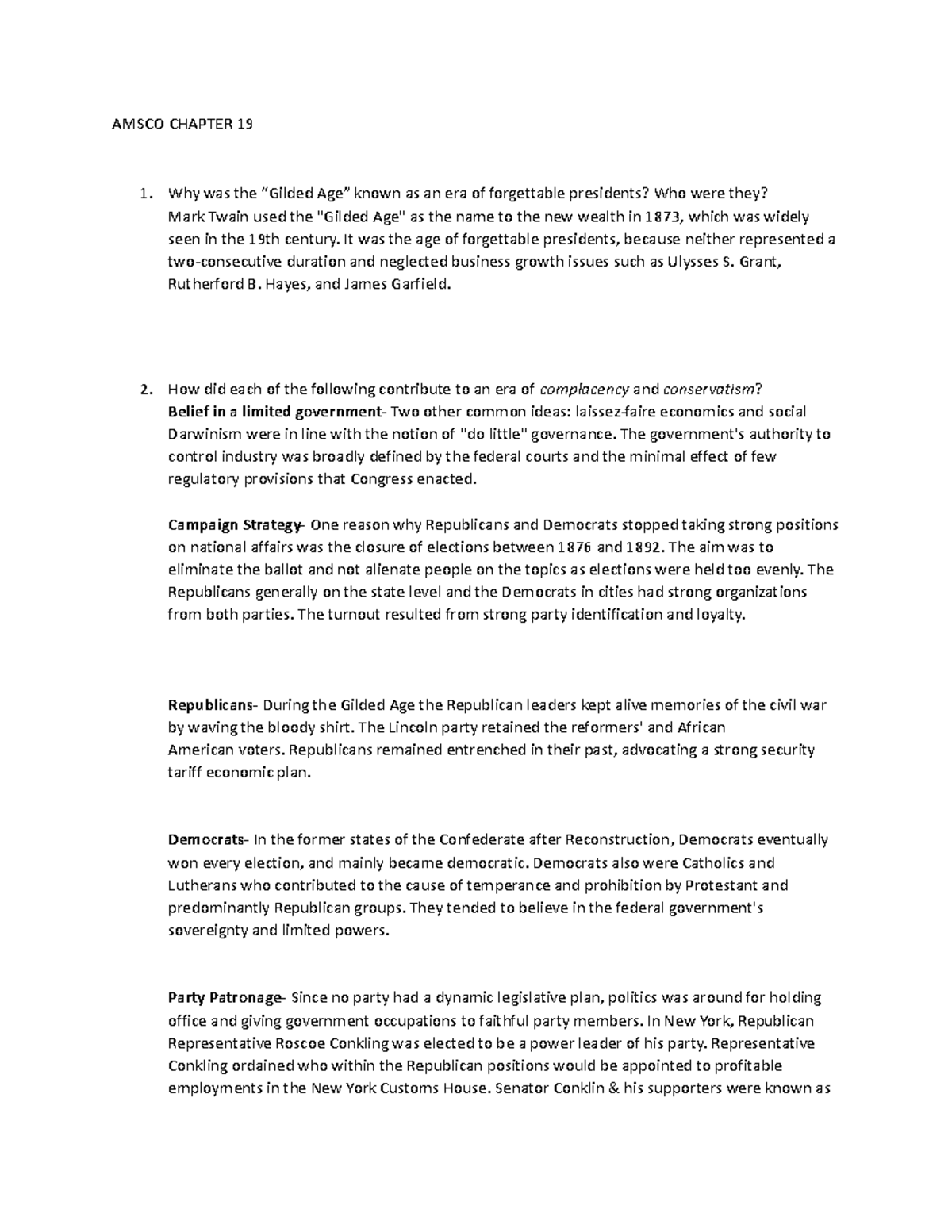 Amsco Chapter 19 - Homework - AMSCO CHAPTER 19 Why was the “Gilded Age ...