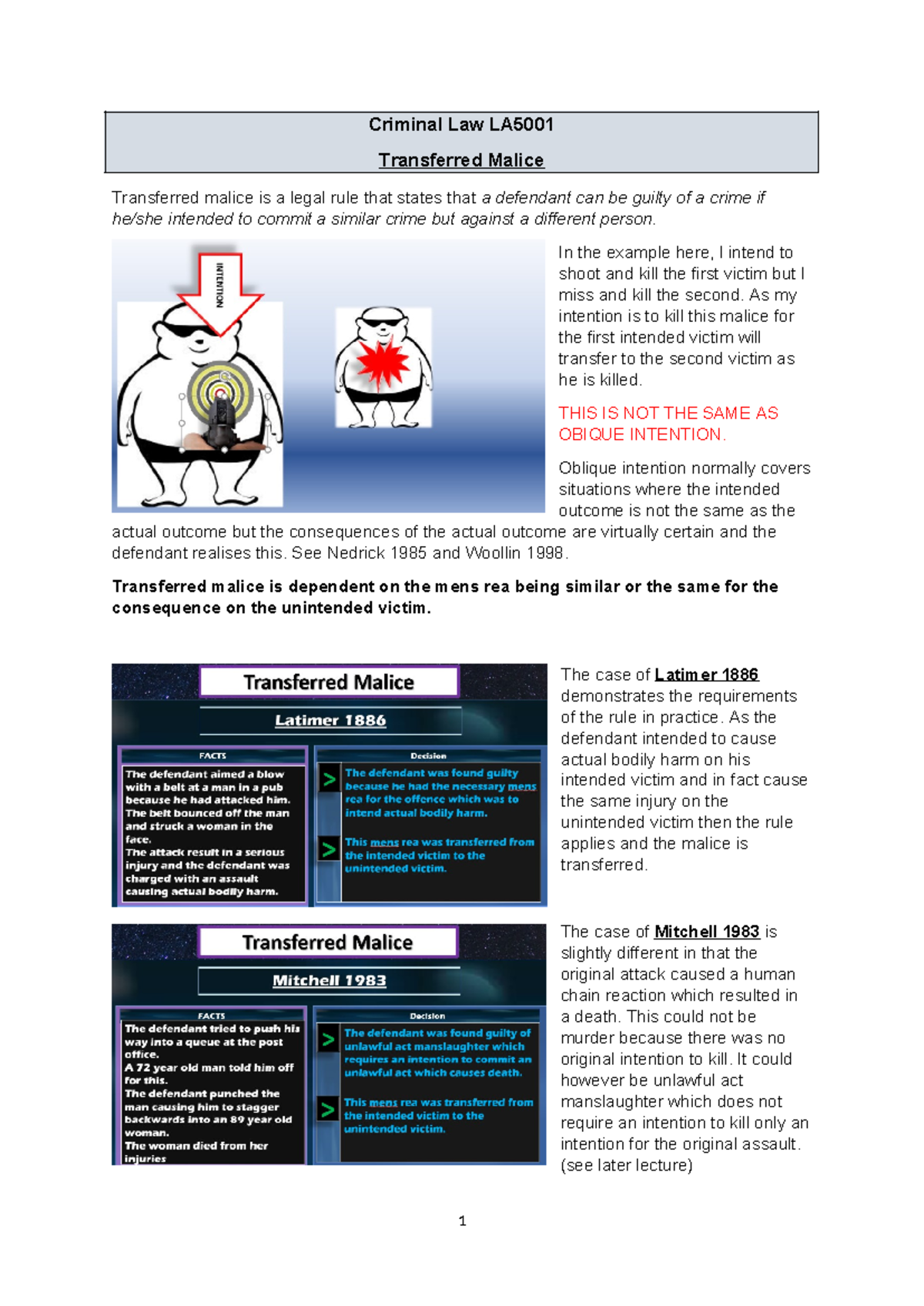 Transferred Malice notes 2021 - Criminal Law LA Transferred Malice ...